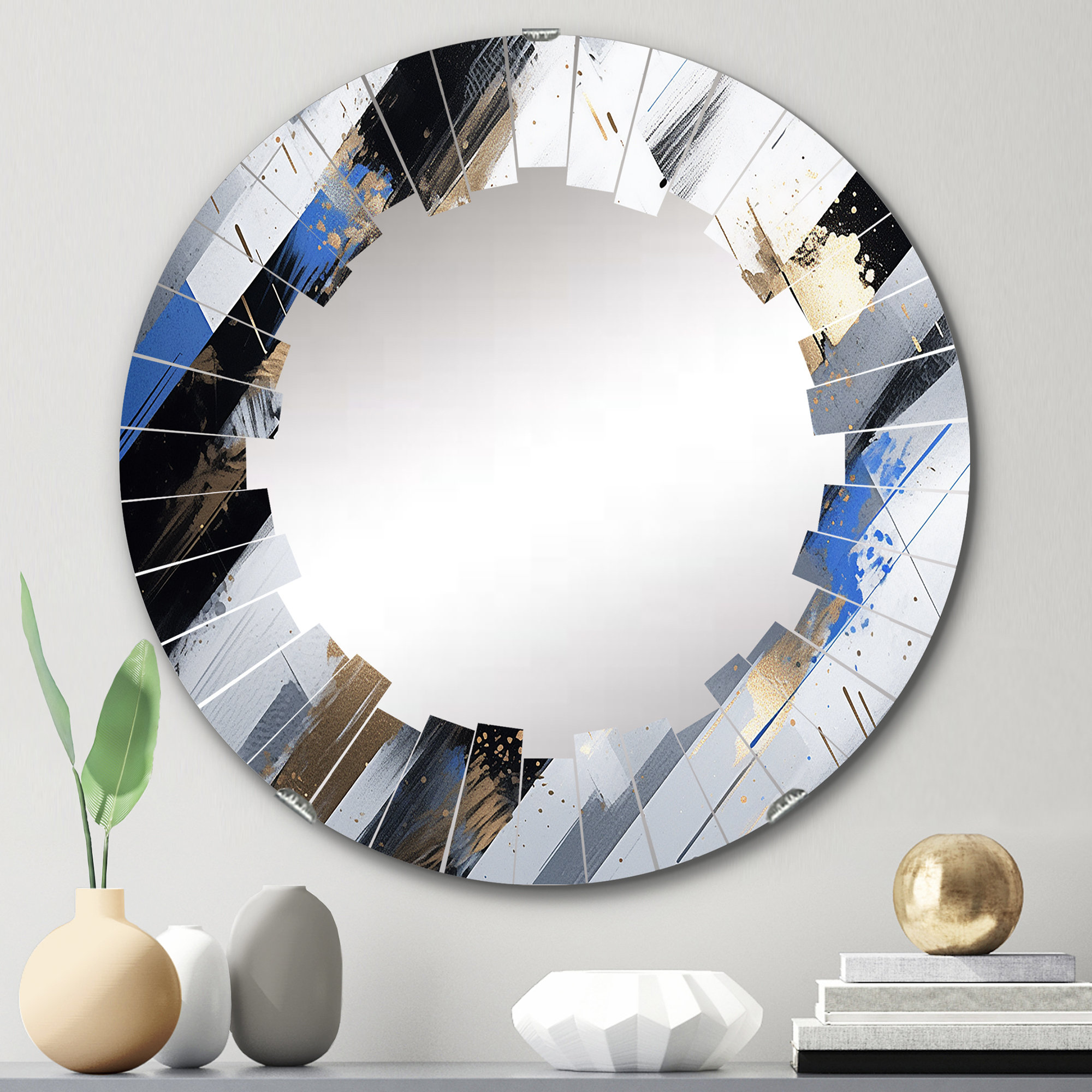Design Art Blue Gold Bold Stripes I - Modern Wall Mirror Round ...