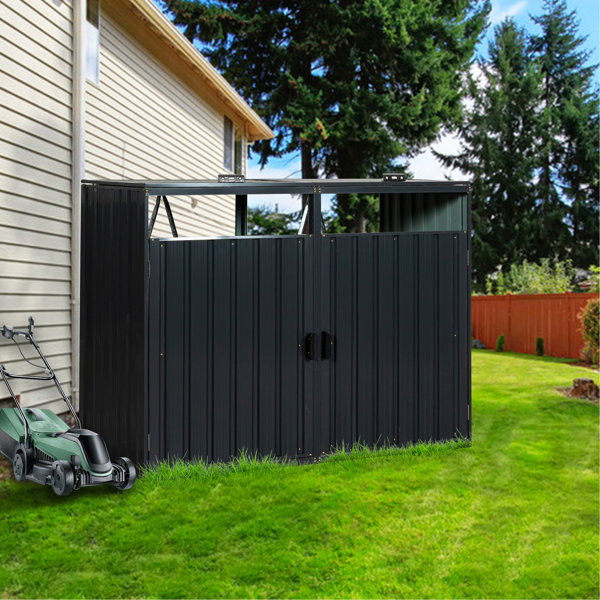 TYUNABRN Garbage Bin Shed Stores 2 Trash Cans Metal Outdoor Bin Shed ...