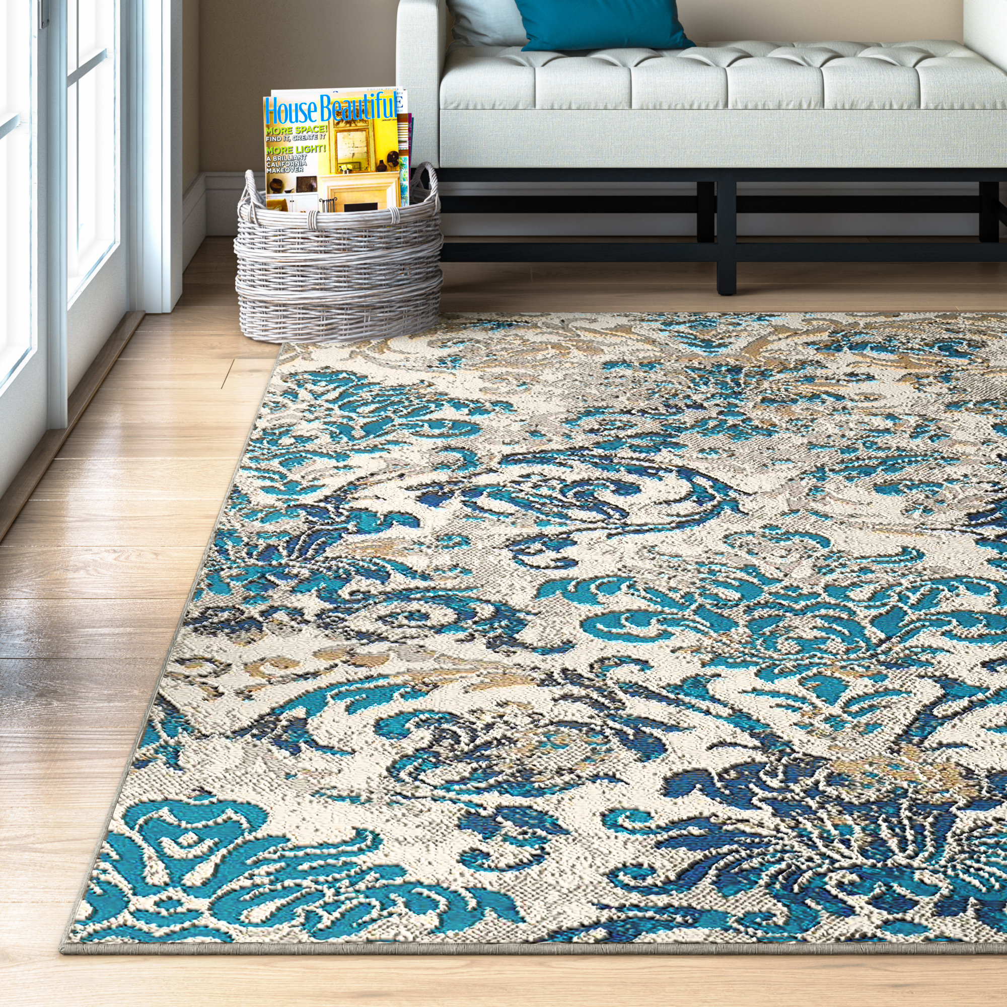 Winston Porter Kincheloe Floral Gray/Blue Indoor / Outdoor Area Rug ...