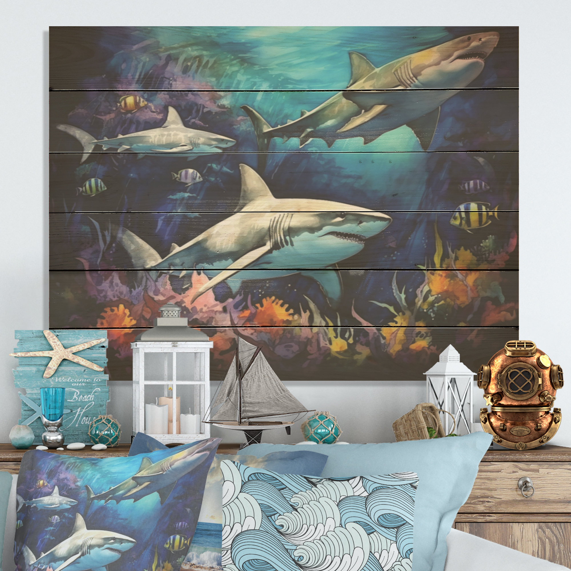 Highland Dunes Shark Haven Under Water Painting - Shark Wood Art On ...