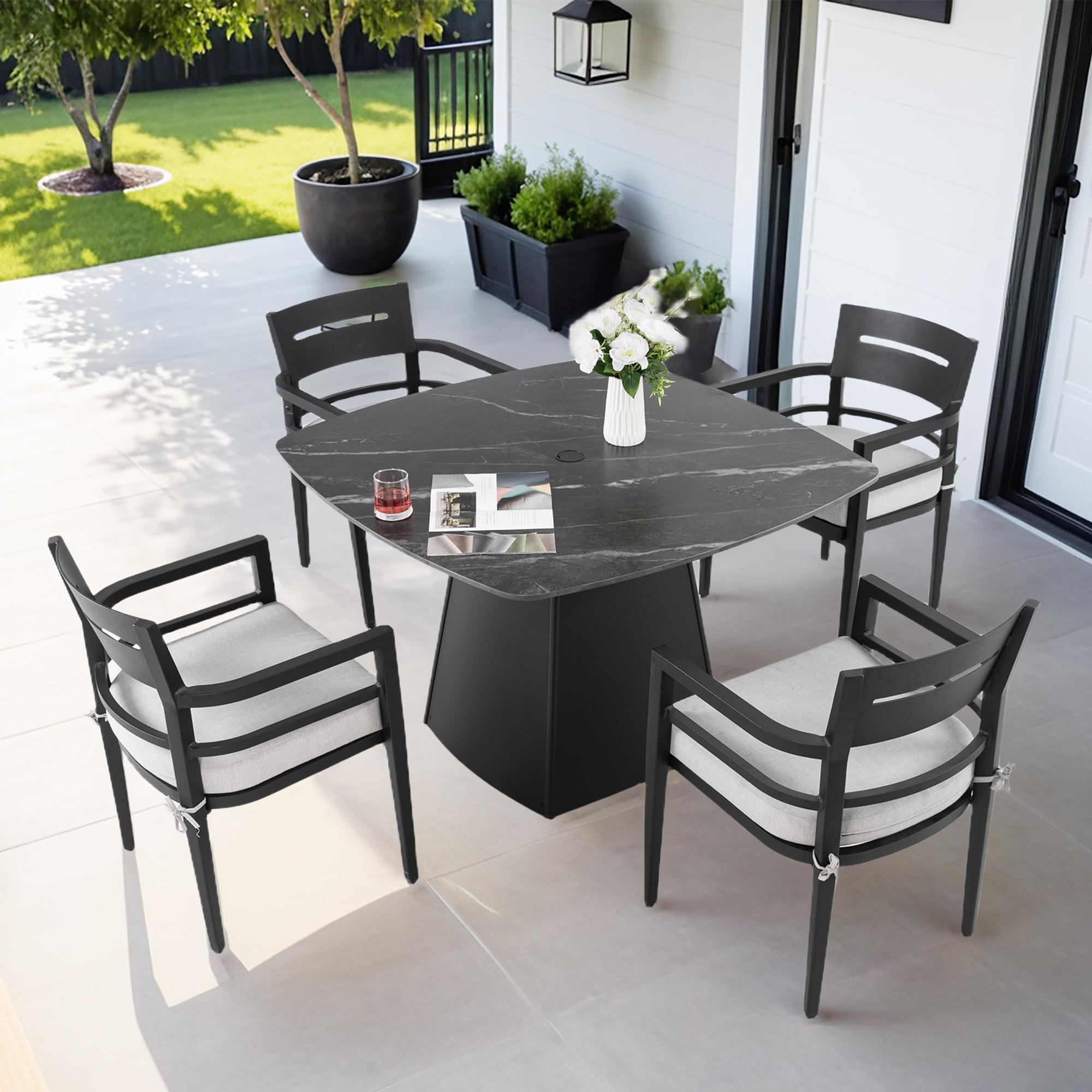 Hokku Designs 5-Piece Outdoor Pedestal Dining Set, 44" Rounded Square ...