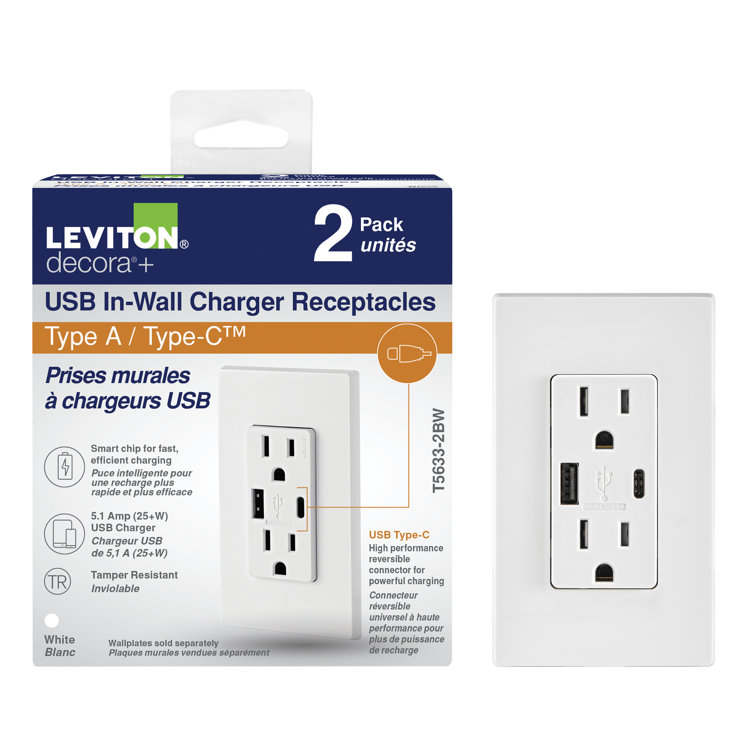 Leviton 15A Decora Receptacle With Usb 5.1A Type A/C In White (2-Pack ...