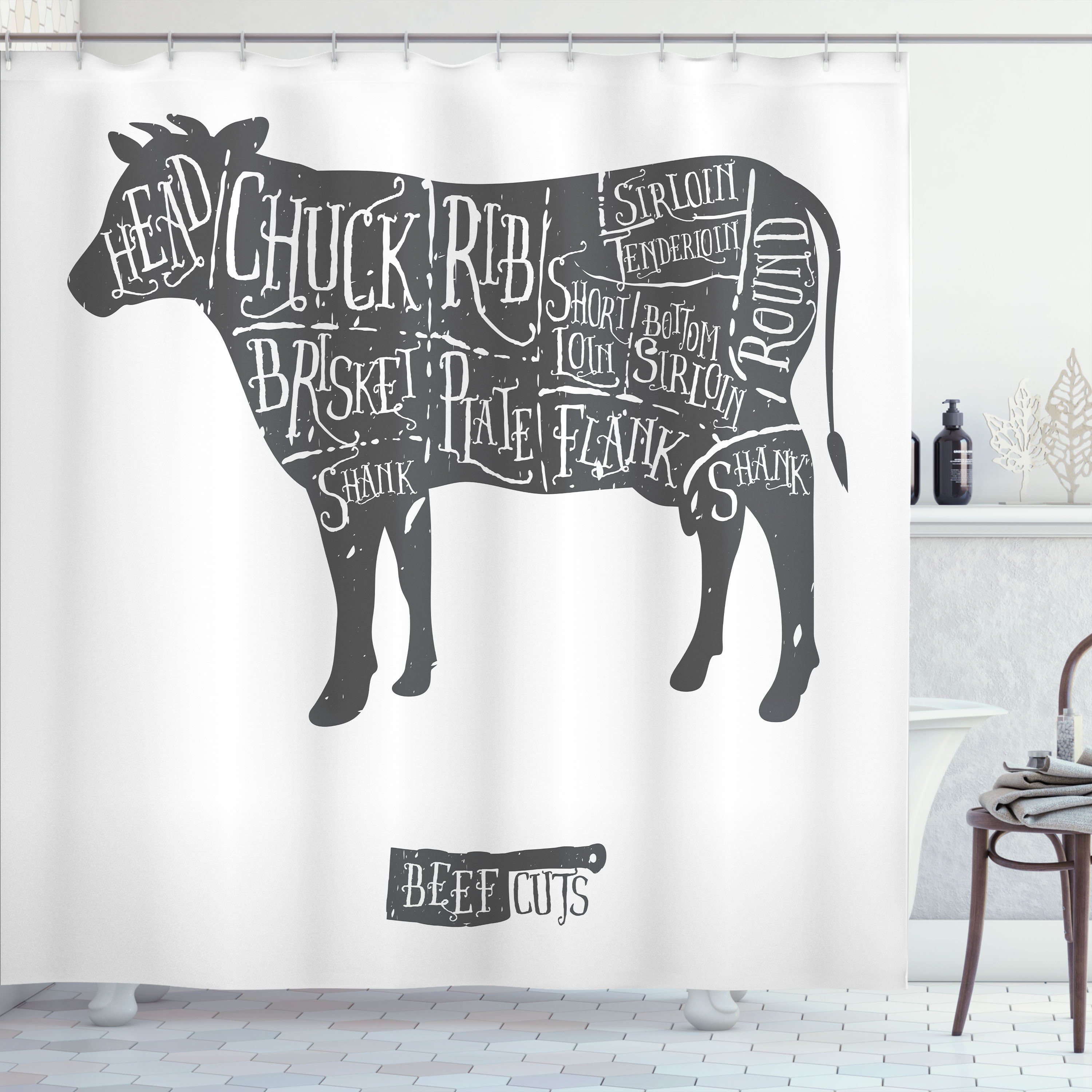 East Urban Home Cattle Shower Curtain Hand-Drawn Butcher Cuts Charcoal ...
