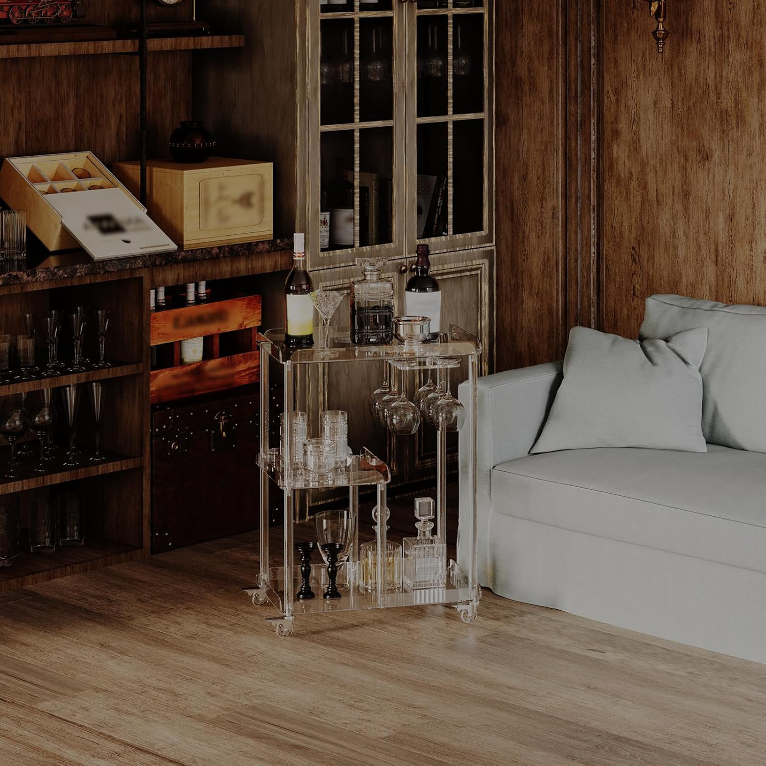 Orren Ellis 3-Tier Acrylic Bar Cart With Lockable Wheels, Glass Holder ...