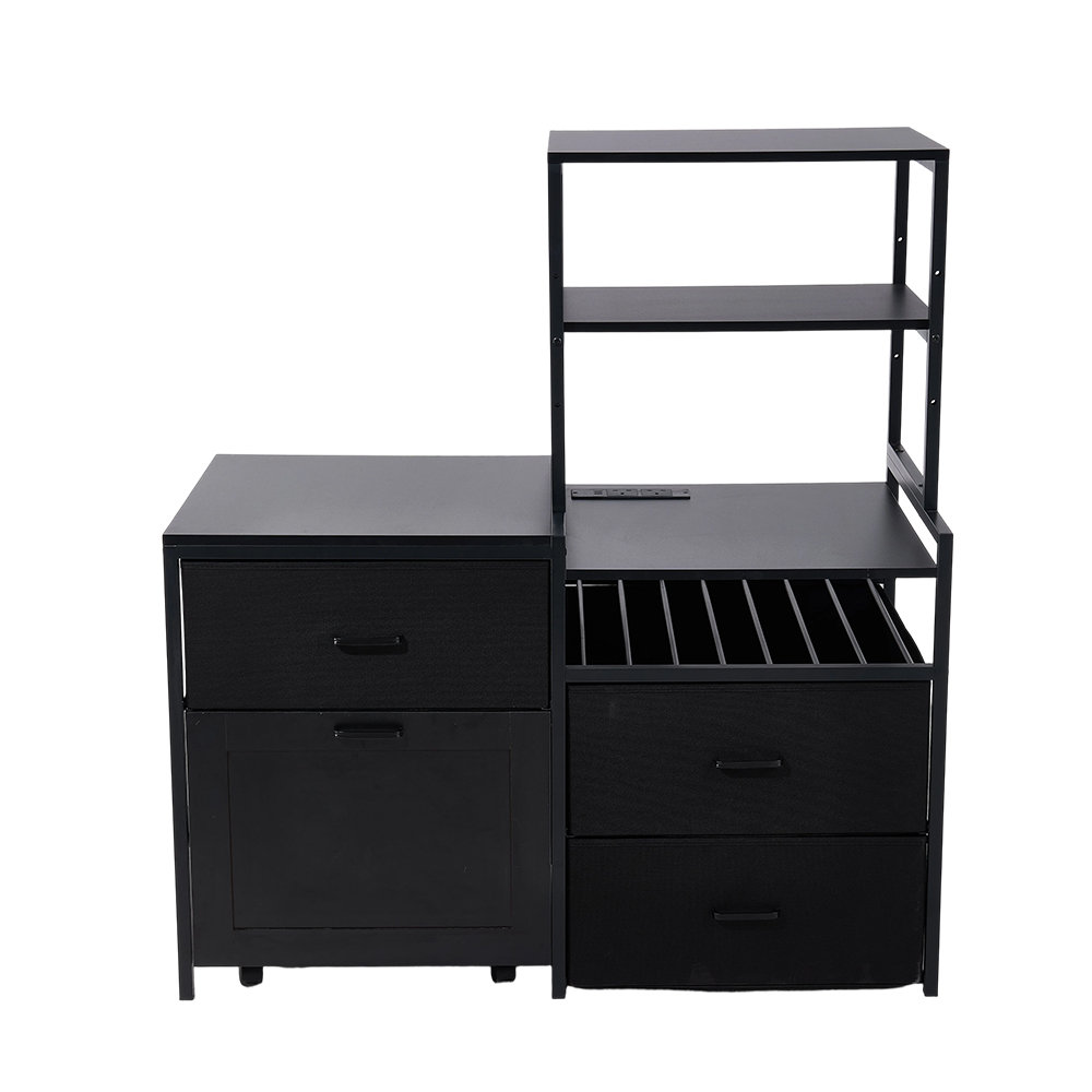 17 Stories Black Mini Fridge Stand with Wine Rack and Power Socket ...