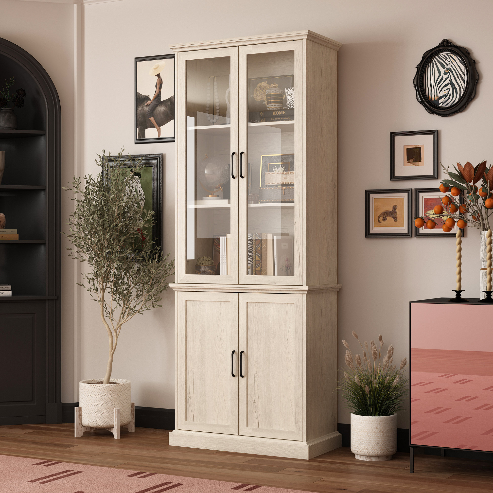 Red Barrel Studio® Elegant Multi-Shelf Glass Door Bookcase With Cabinet ...