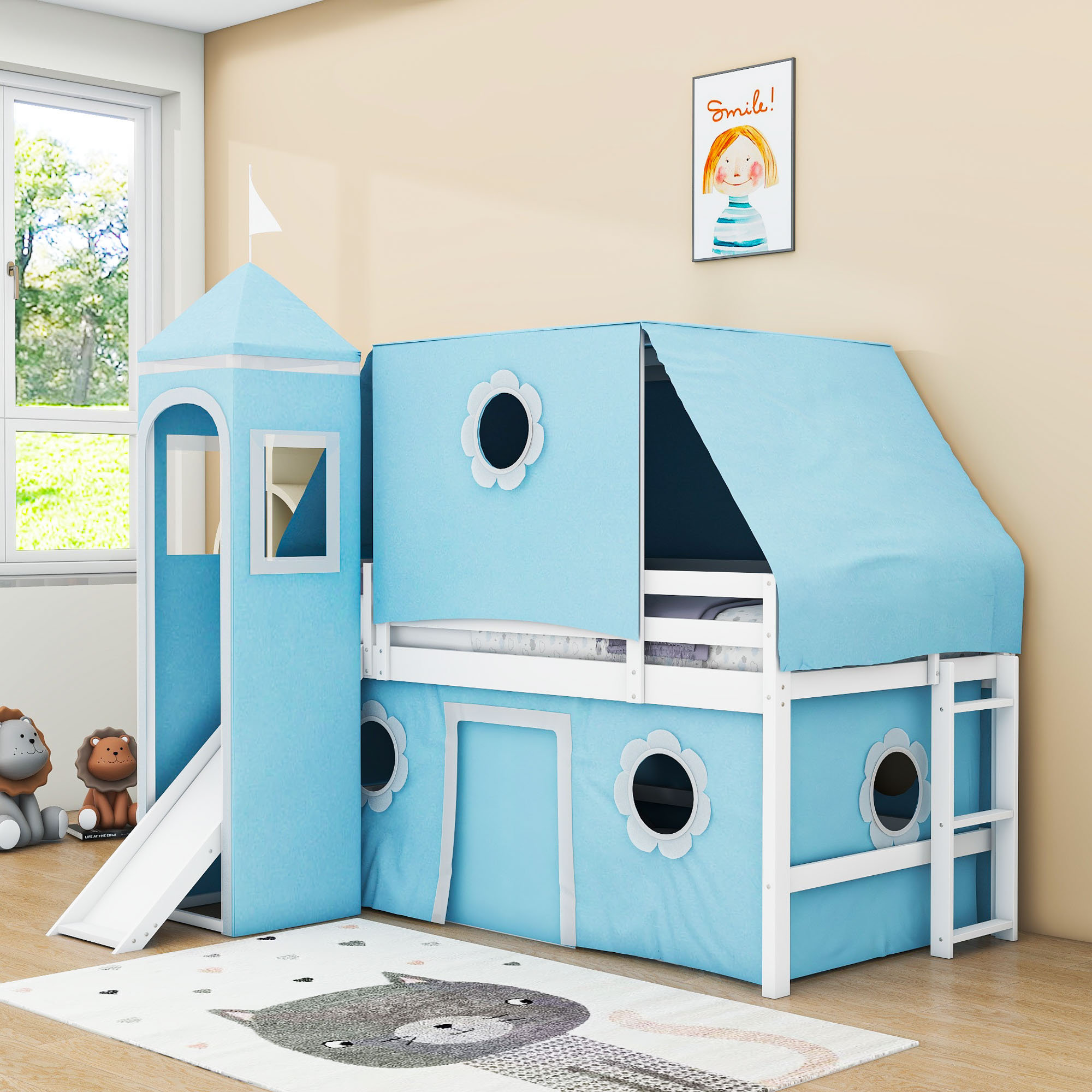 Harper Orchard Twin Castle Loft Bed With Playhouse Design And Slide ...