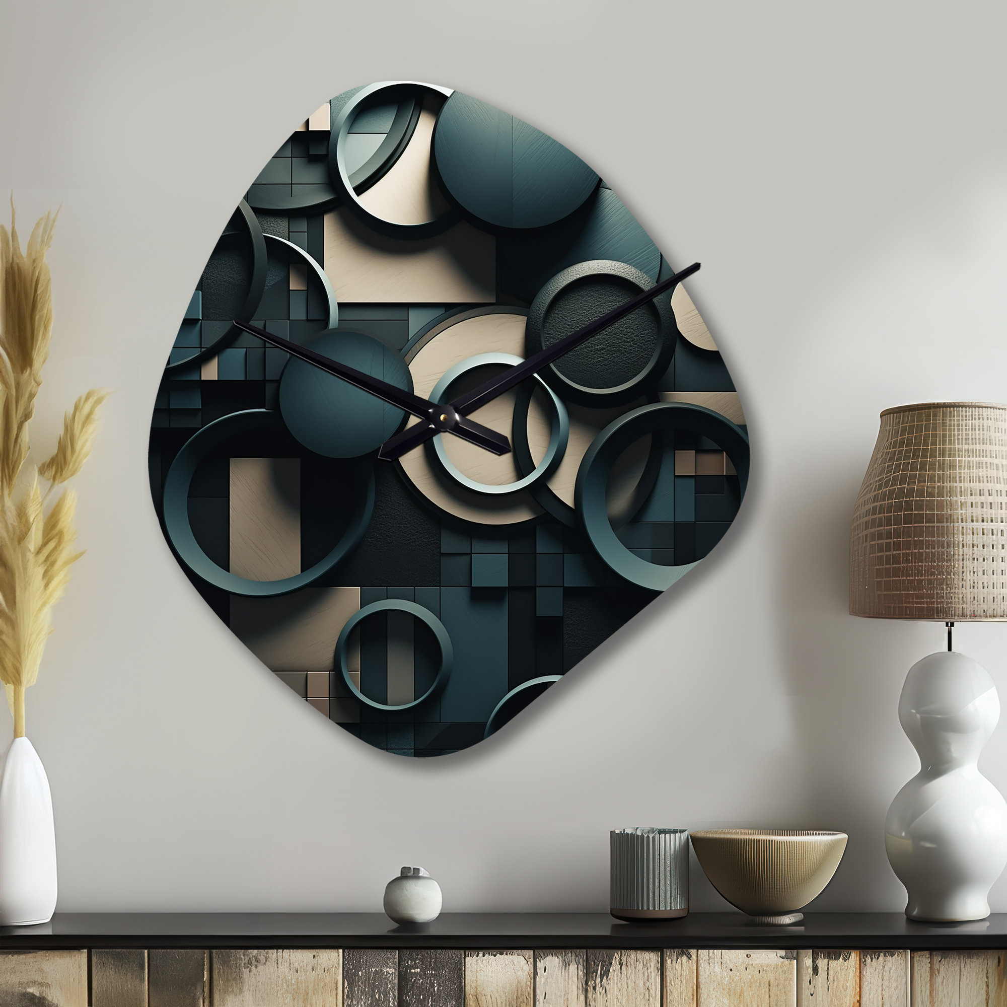 Design Art Teal Fragmented Forms - Cubism Unique Shape Metal Wall Clock ...