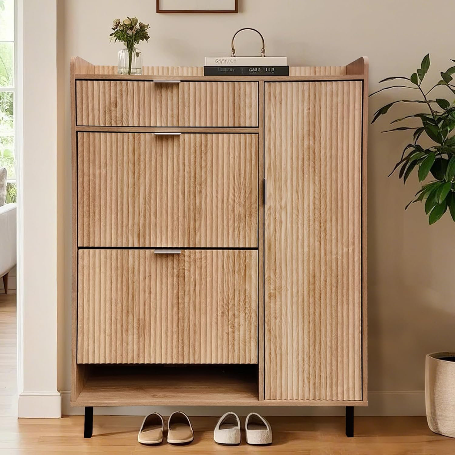 Latitude Run® Fluted Shoe Cabinet, Narrow Shoe Storage Cabinet With a 2 ...