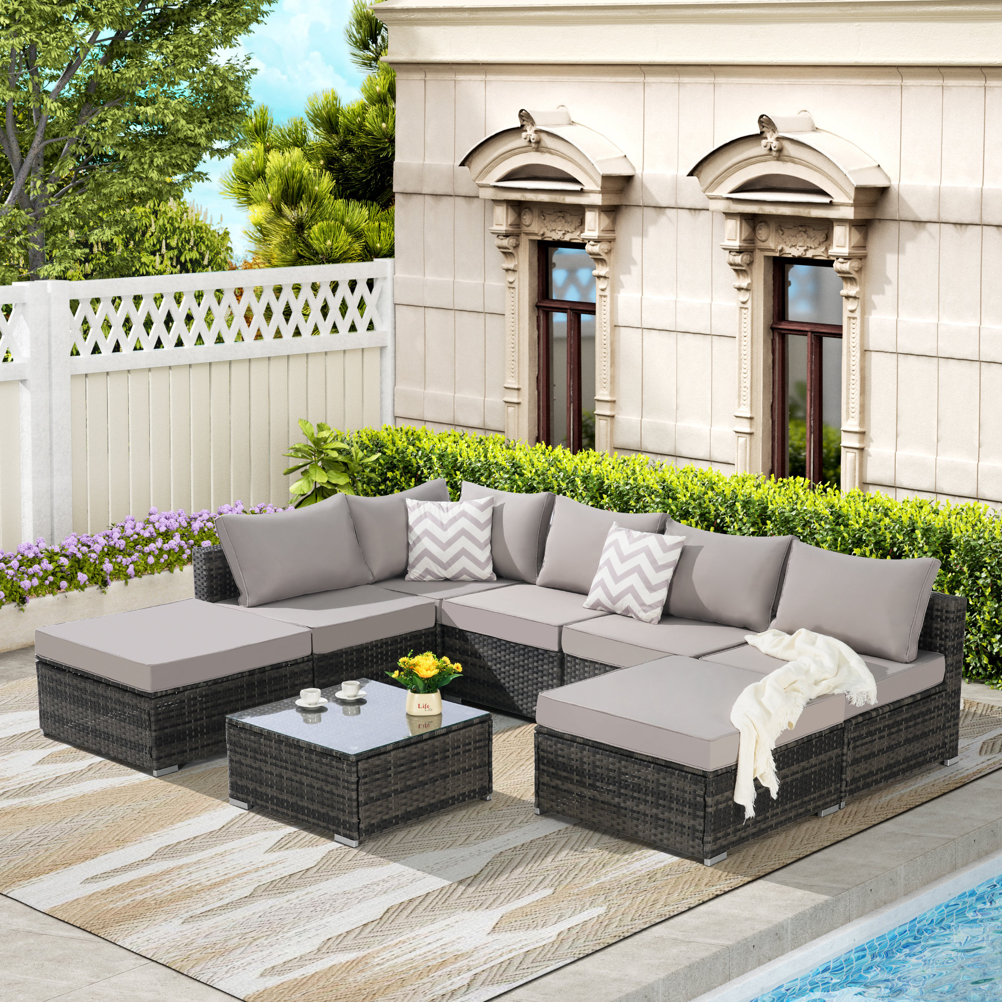 NFusion Tristen Outdoor 8-Piece Sectional Conversation Set with Rattan ...