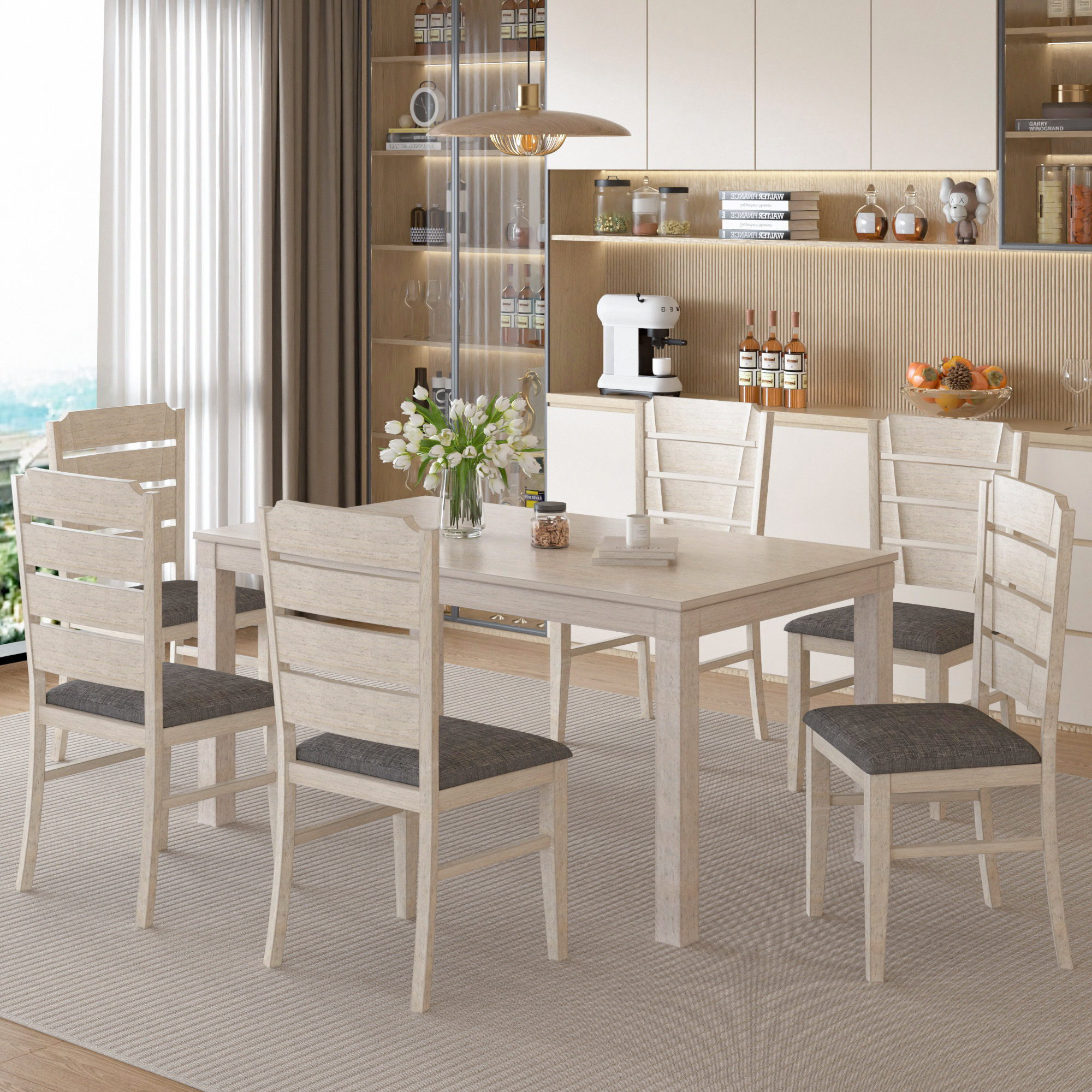 Lark Manor™ Solid Wood Upholstered Grey Kitchen & Dining Room Set For 6 Persons Consist Of A ...