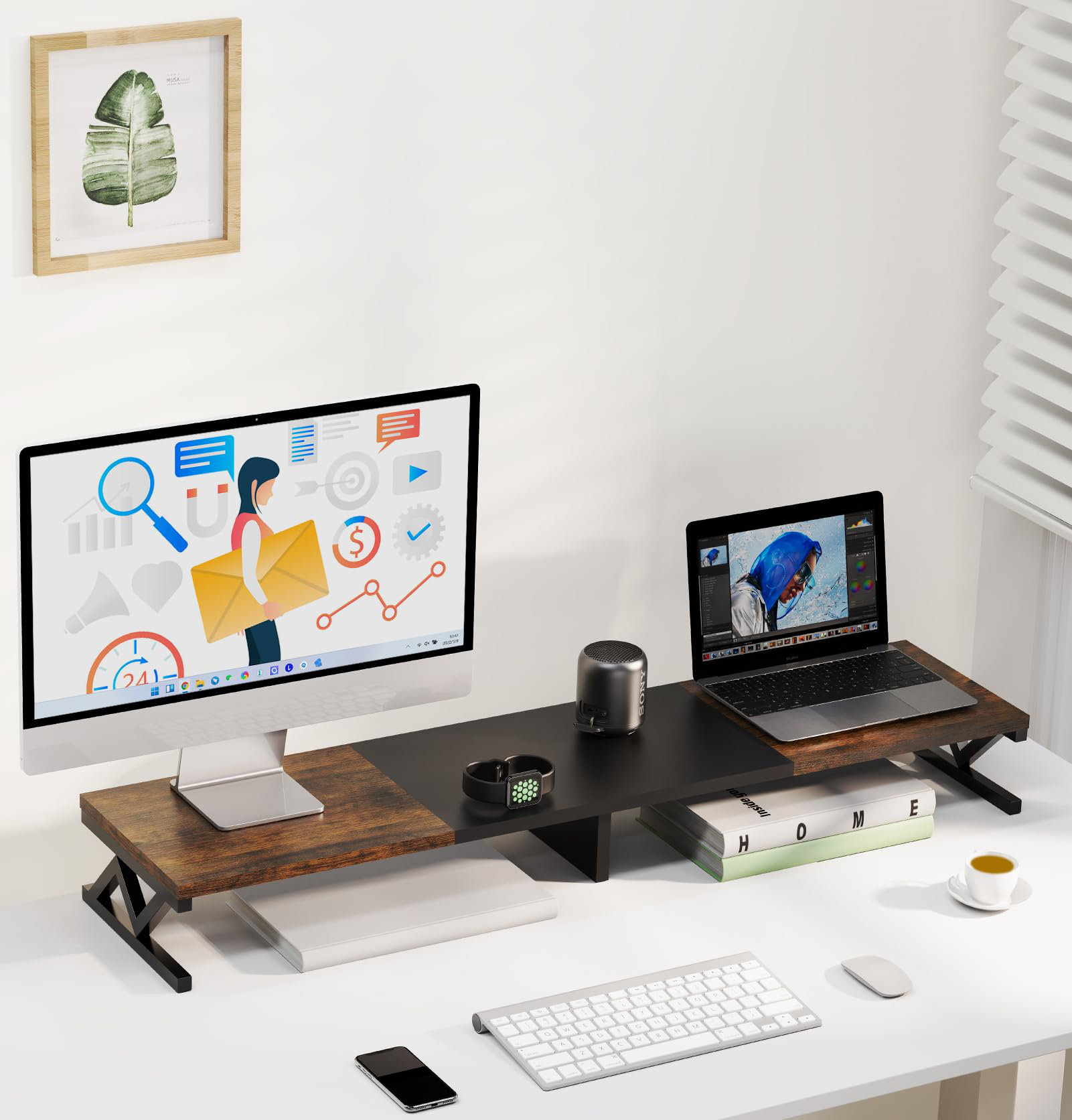 Inbox Zero Dual Monitor Stand Riser, Large Wood Monitor Riser For 2 ...