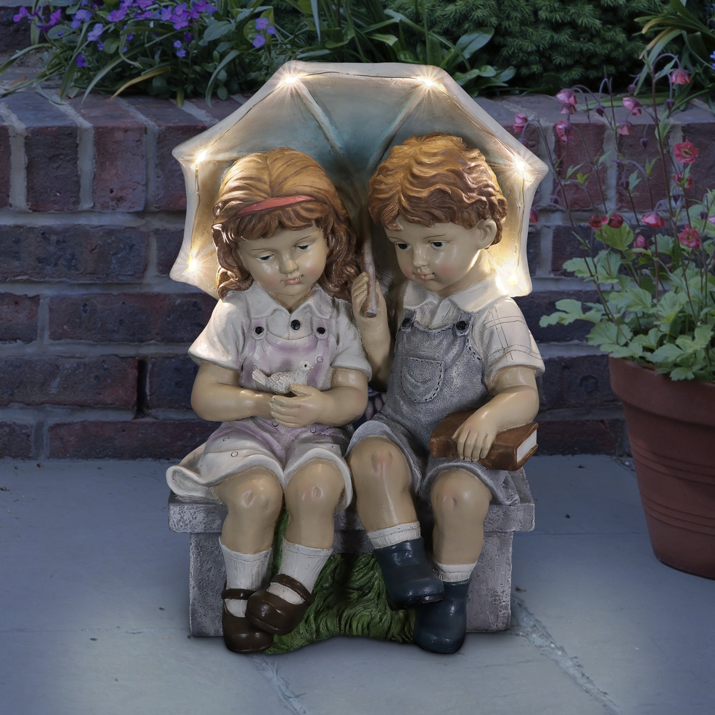 Exhart Solar Boy and Girl with Umbrella Garden Statuary, 17 Inches Tall ...