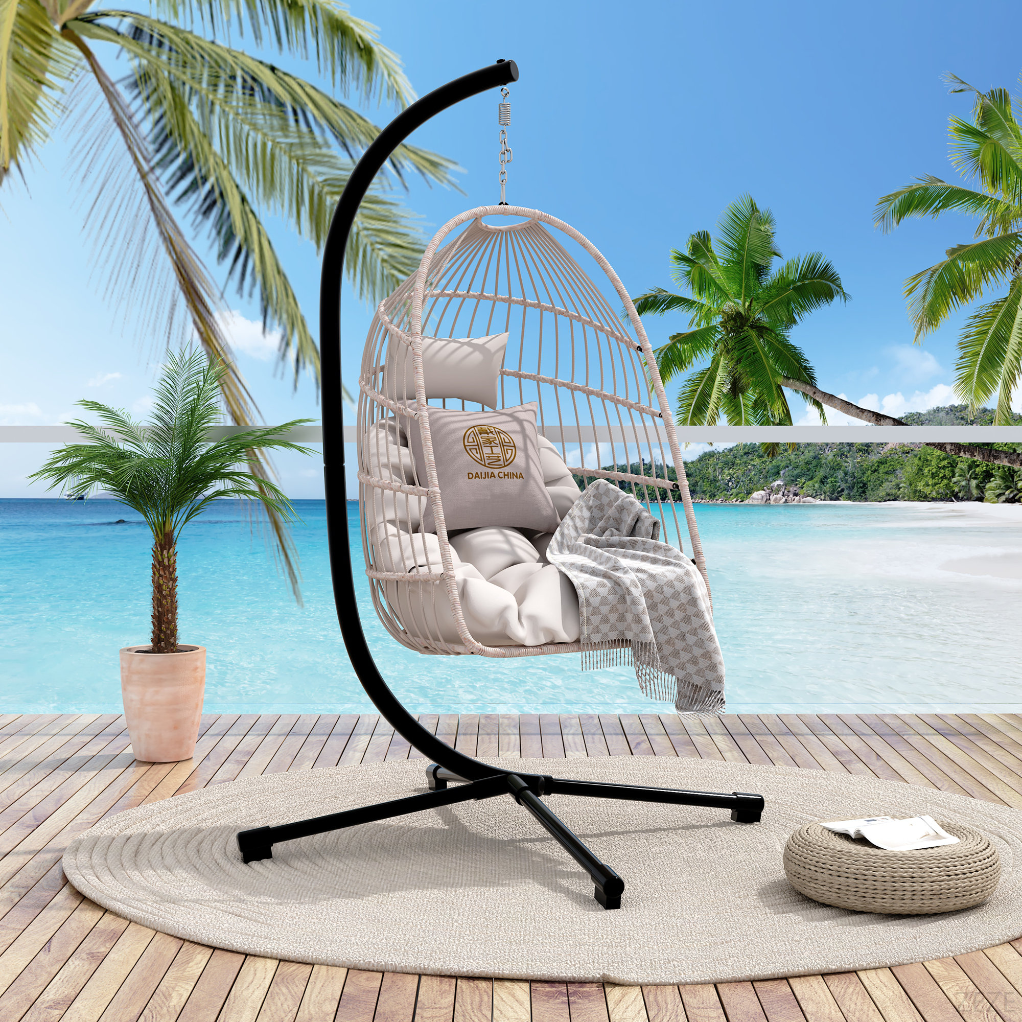 Latitude Run® Outdoor Egg Hanging Chair With Stand, Patio Wicker Swing ...