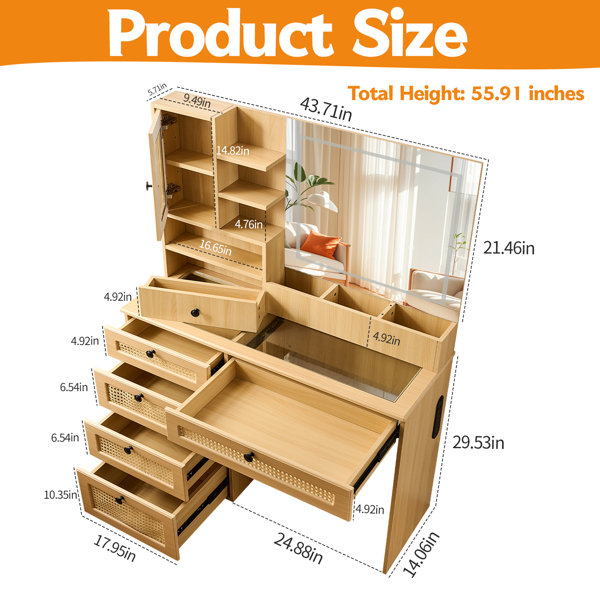 Bay Isle Home™ Rattan Makeup Vanity Desk With Led Mirror & 3 Light ...