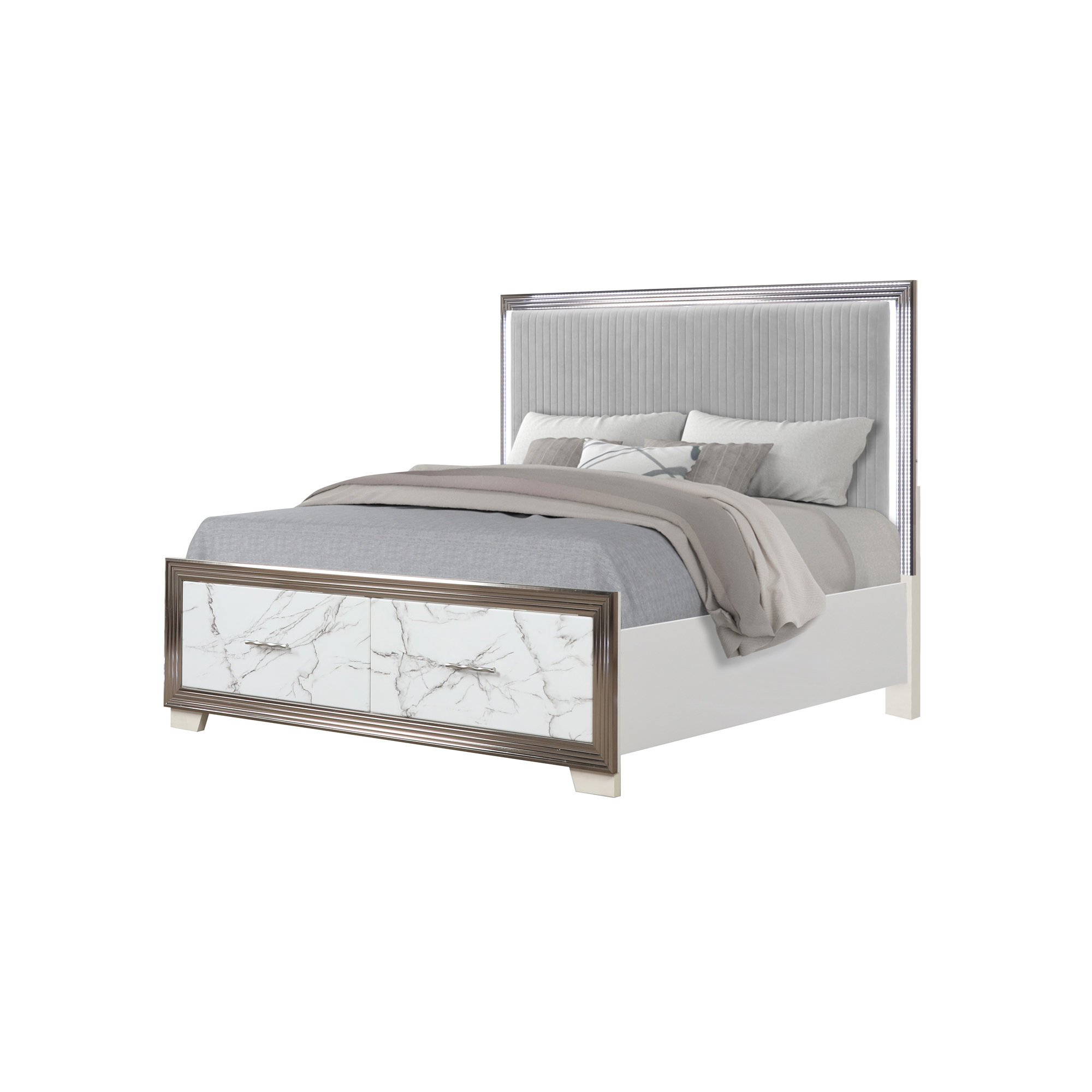 Everly Quinn Upholstered LED Headboard with Marble-Patterned Footboard ...