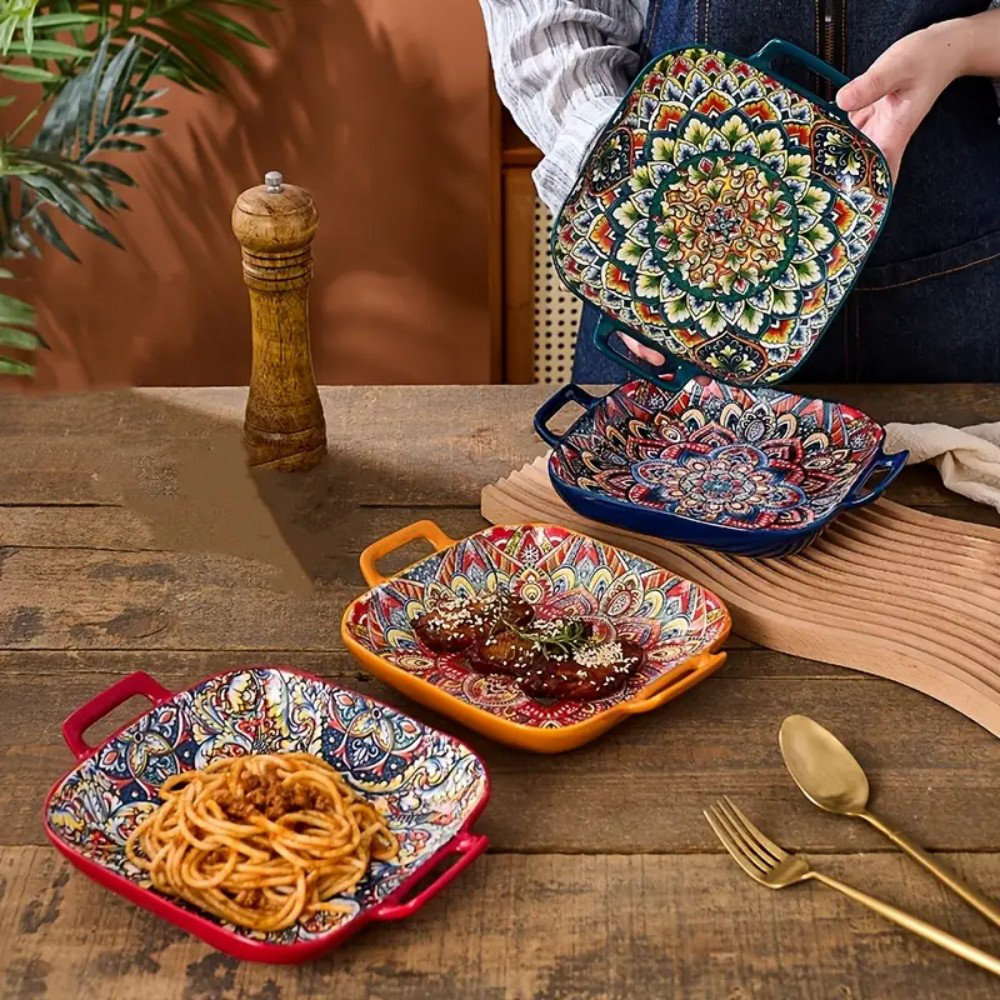 Mercer41 4Pcs 9-Inch Bohemian Square Ceramic Plates With Two Ears ...