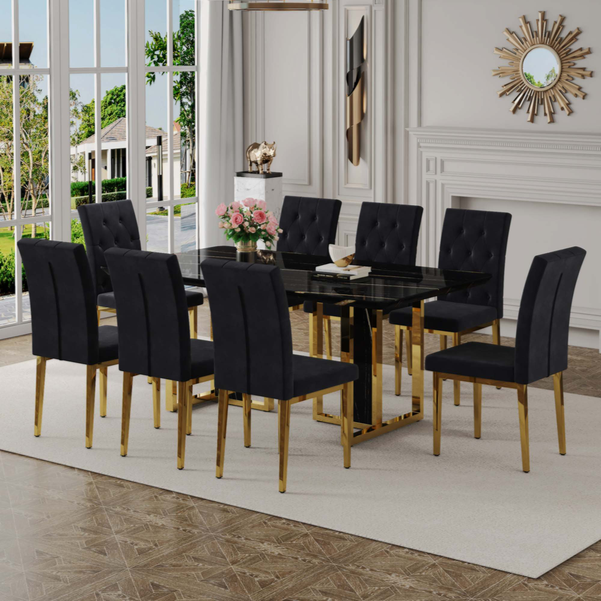 David Table And Chair Set.Morden Luxurious Black Rectangular Patterned ...
