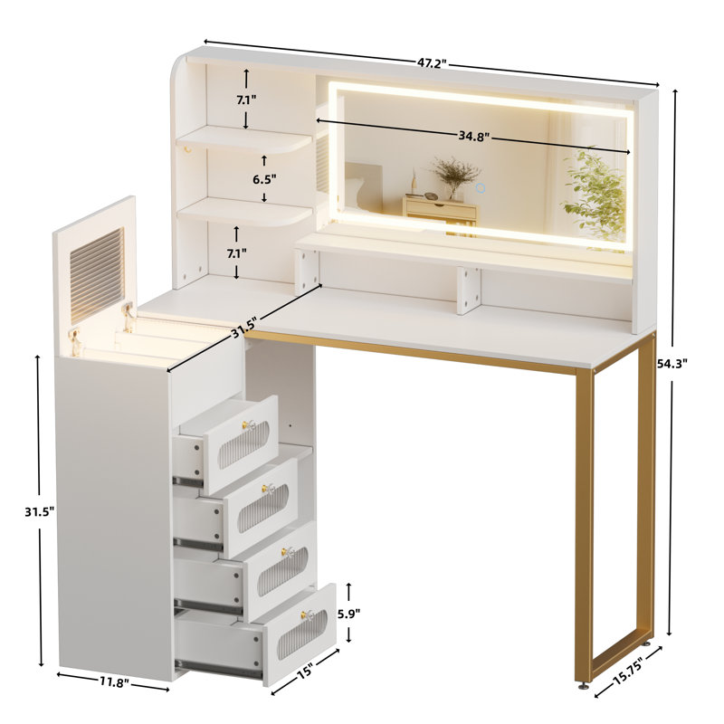 Mercer41 Vanity Desk With Mirror And Lights, Corner Makeup Vanity L ...