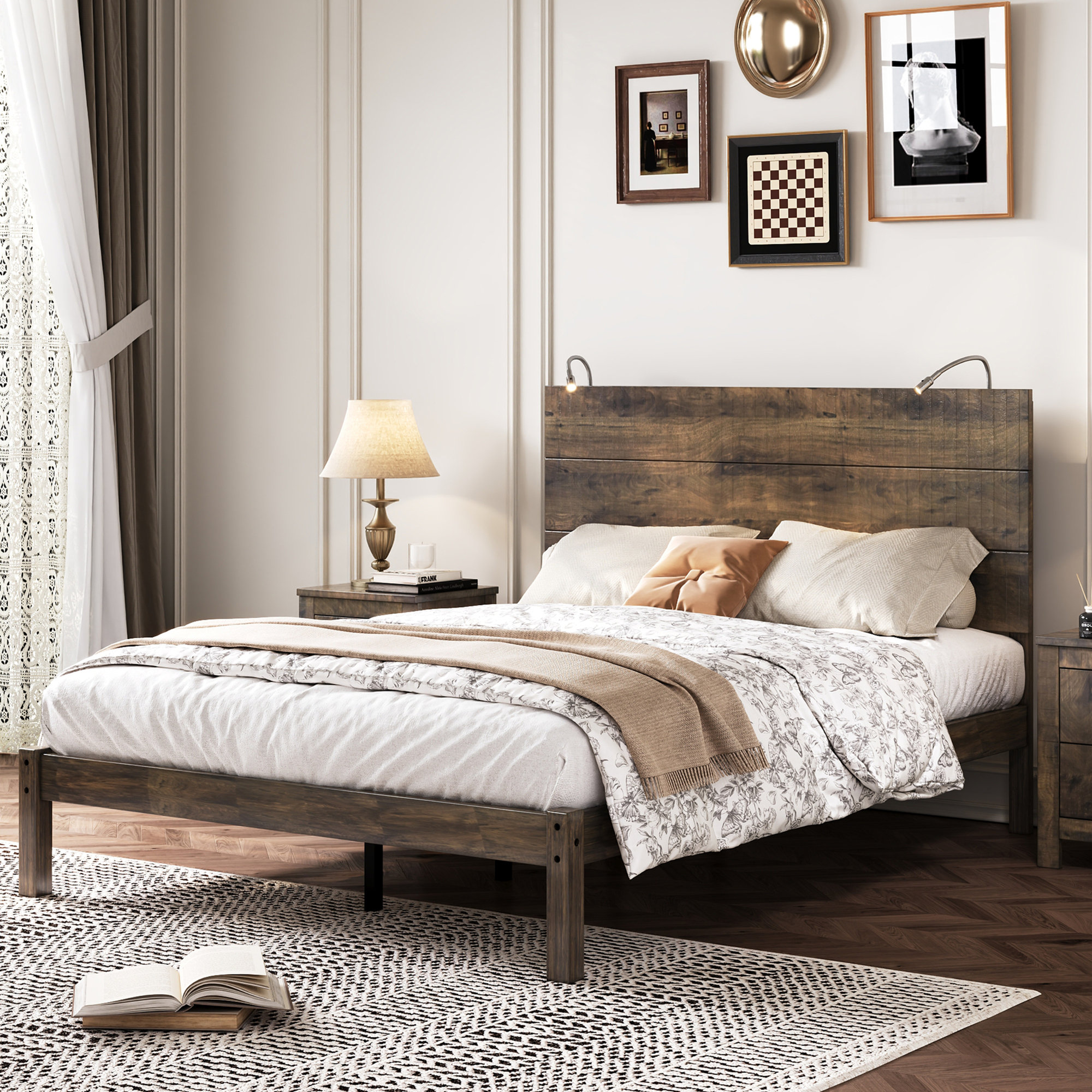 Gracie Oaks Farmhouse Wooden Platform Bed with Bedside Lights | Wayfair