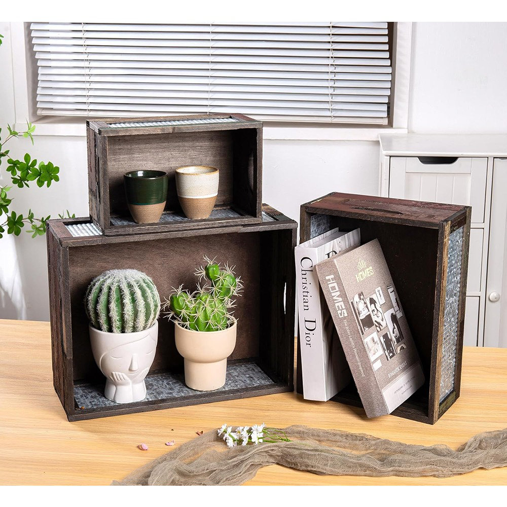 Gracie Oaks Set Of 3 Nesting Wooden Crates, Rustic Wooden Storage ...