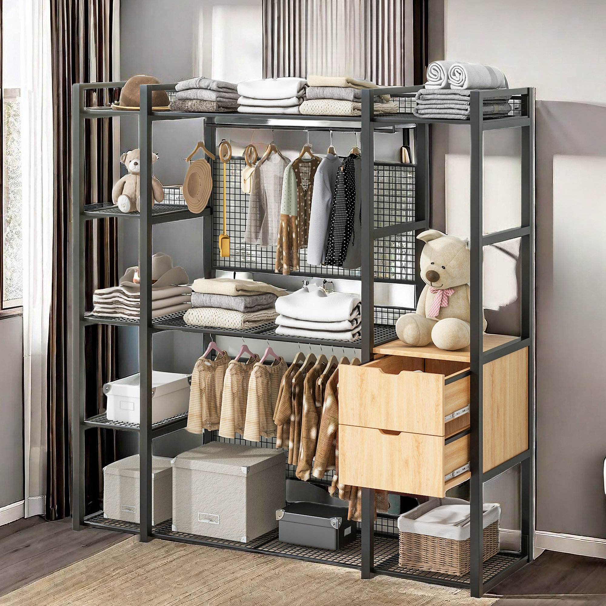 Rebrilliant Open-style Metal Wardrobe With Hanging Rails, Shelves And 2 ...