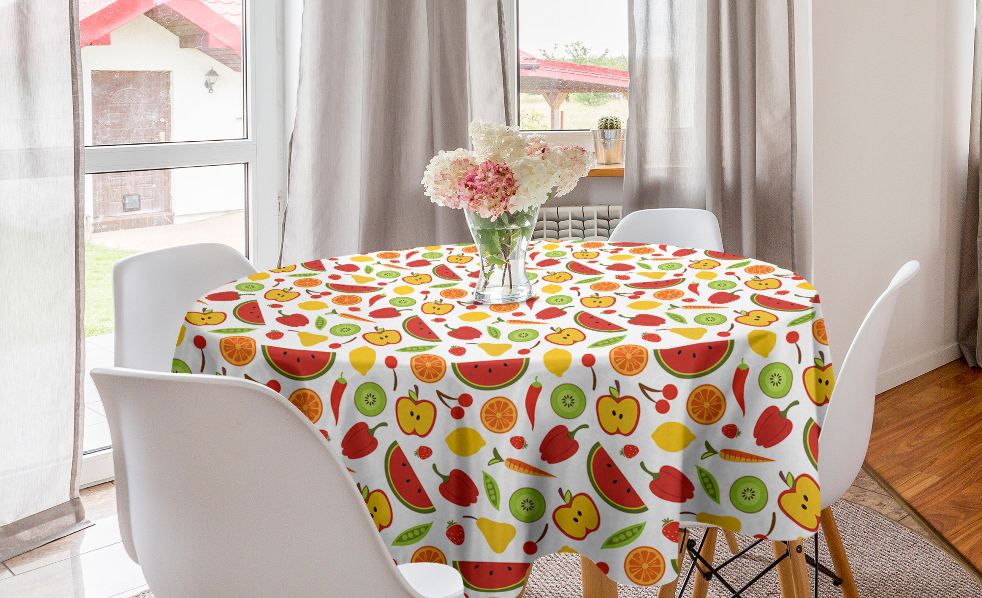 East Urban Home Food Round Tablecloth, Cartoon Pattern Of Pepper Apple ...