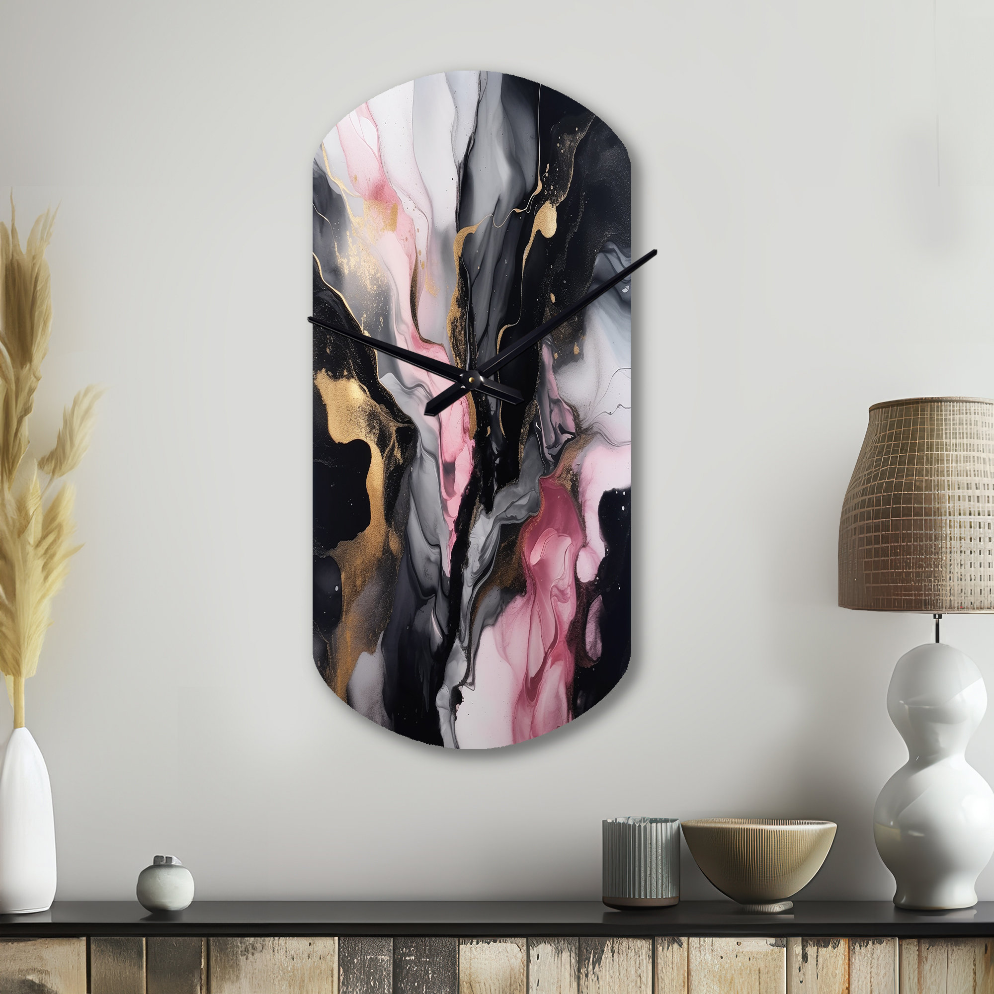 Design Art Black Gold Marble Splash II - Marble Asymmetrical Metal Clocks, Black Cylinder Metal ...