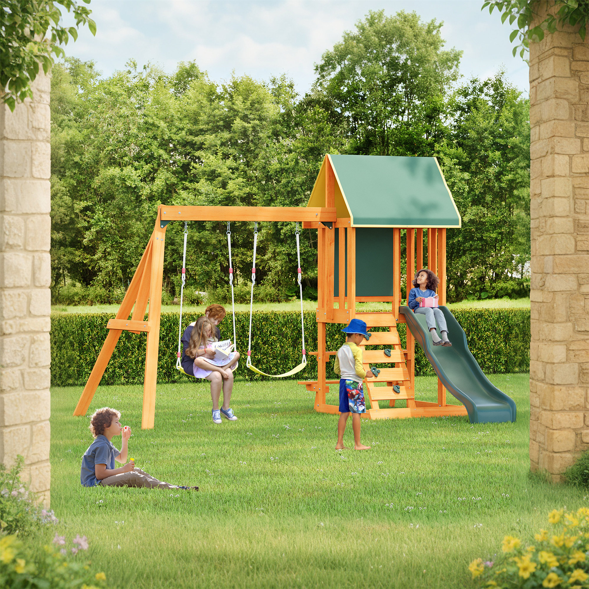 AOOLIVE Portique en bois 3 en 1 pour enfants avec glissoire, 2 ...