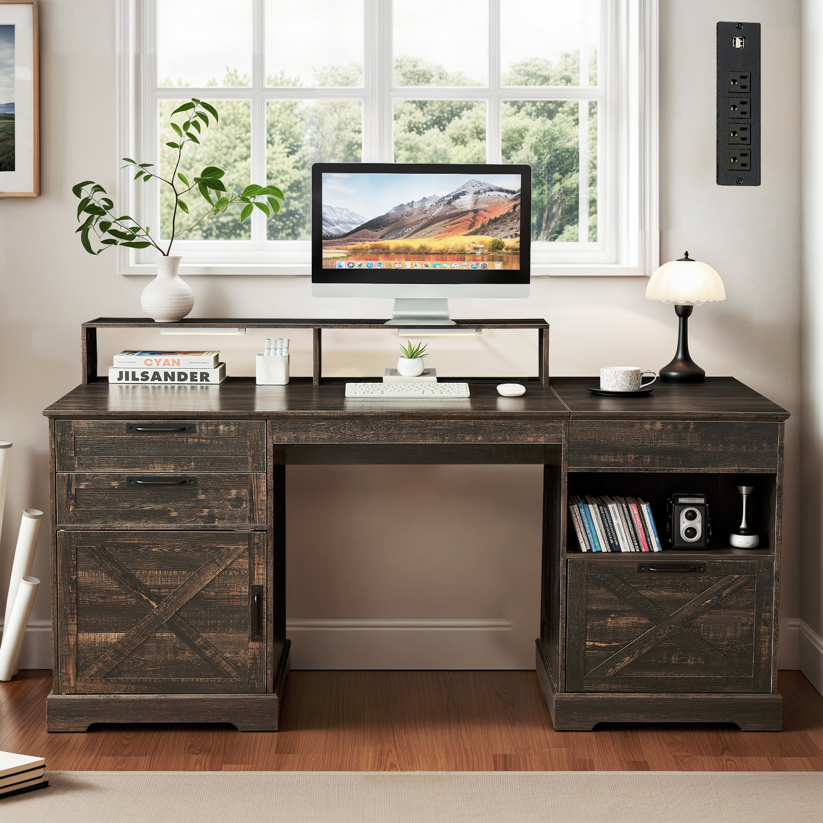 August Grove 63"W Farmhouse Executive Lift Top Desk, Wood Country ...