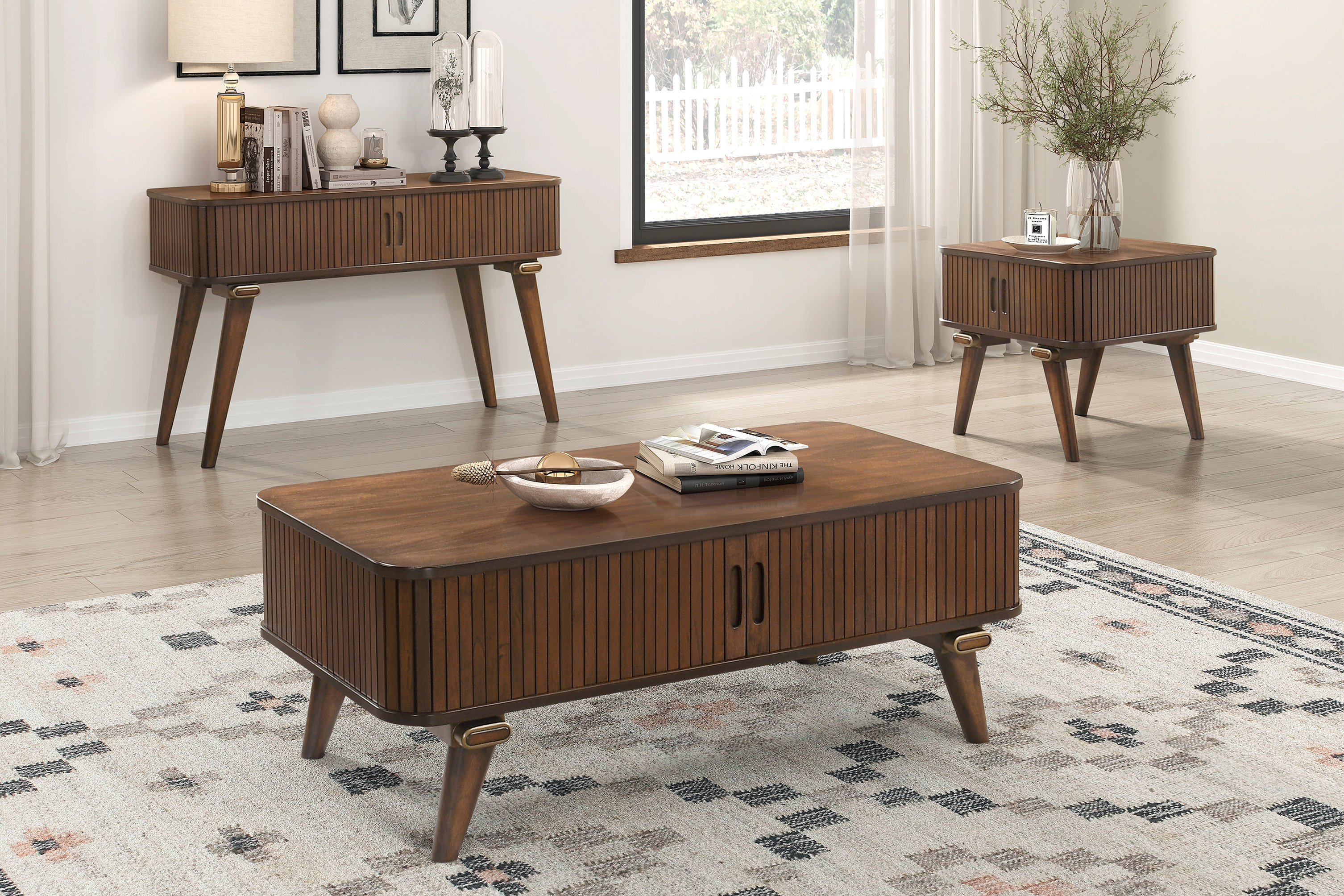 Corrigan Studio 1Pc Storage Cocktail Table Walnut Finish Tambour Doors ...