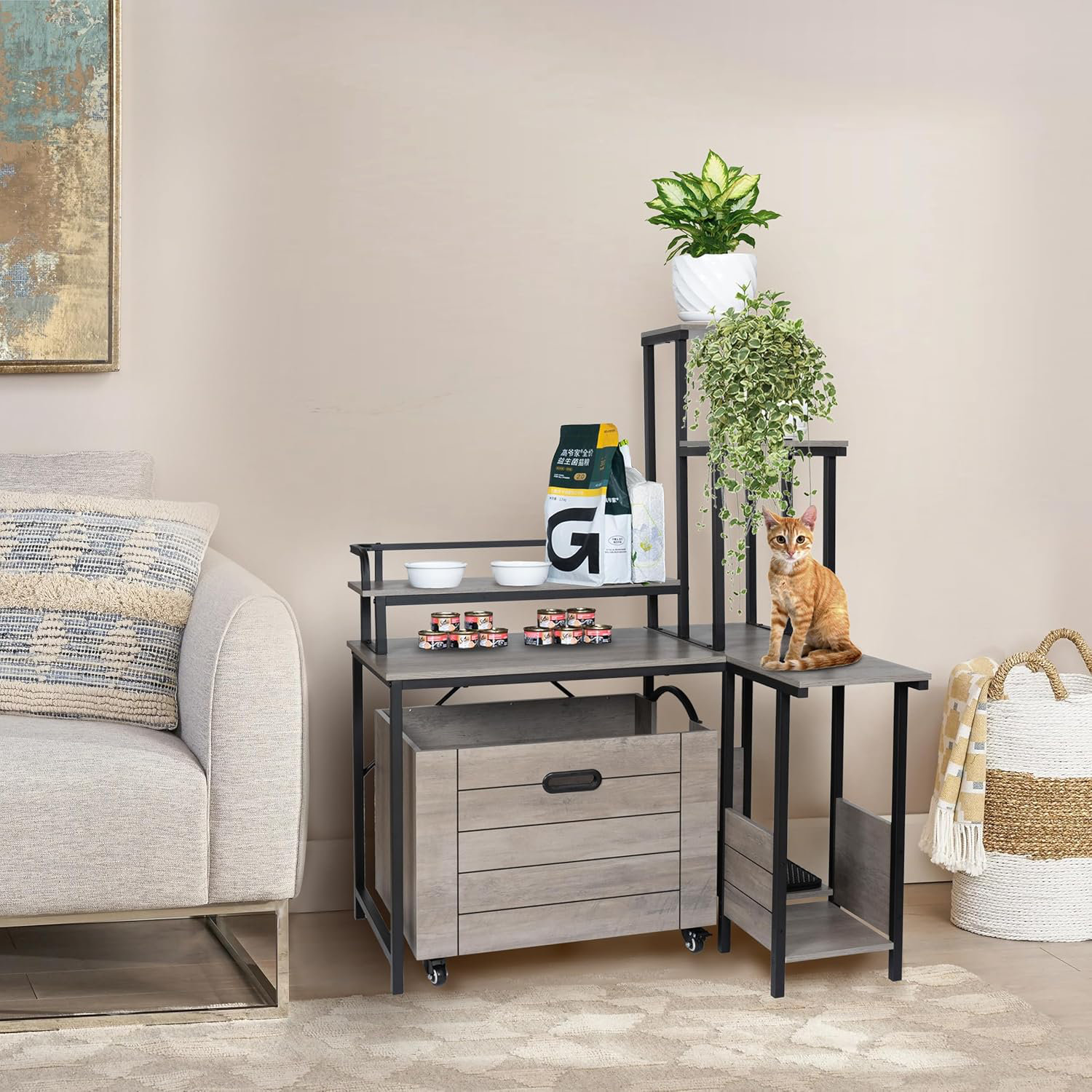 17 Stories Litter Box Enclosure Cat Tree with 6 Storage Shelves and ...