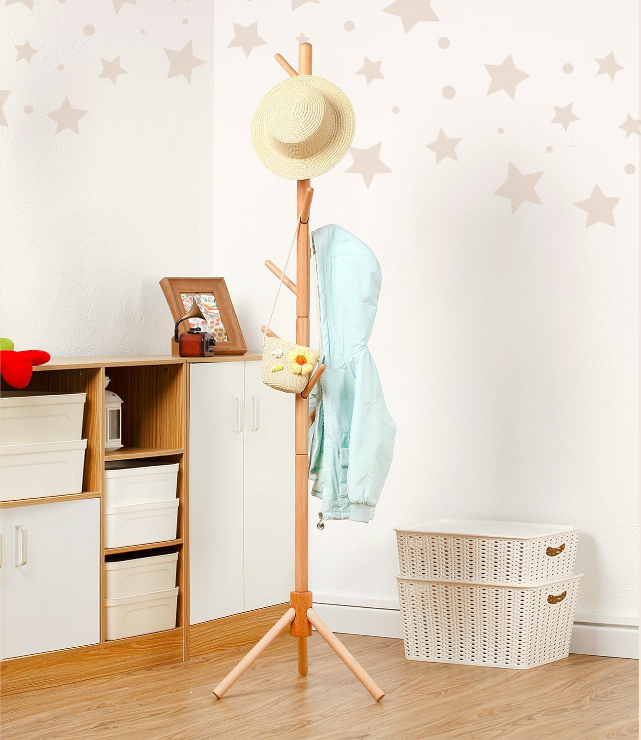 BEZULY Wood Kids Coat Rack Adjustable Height Stand With 9 Hooks | Wayfair