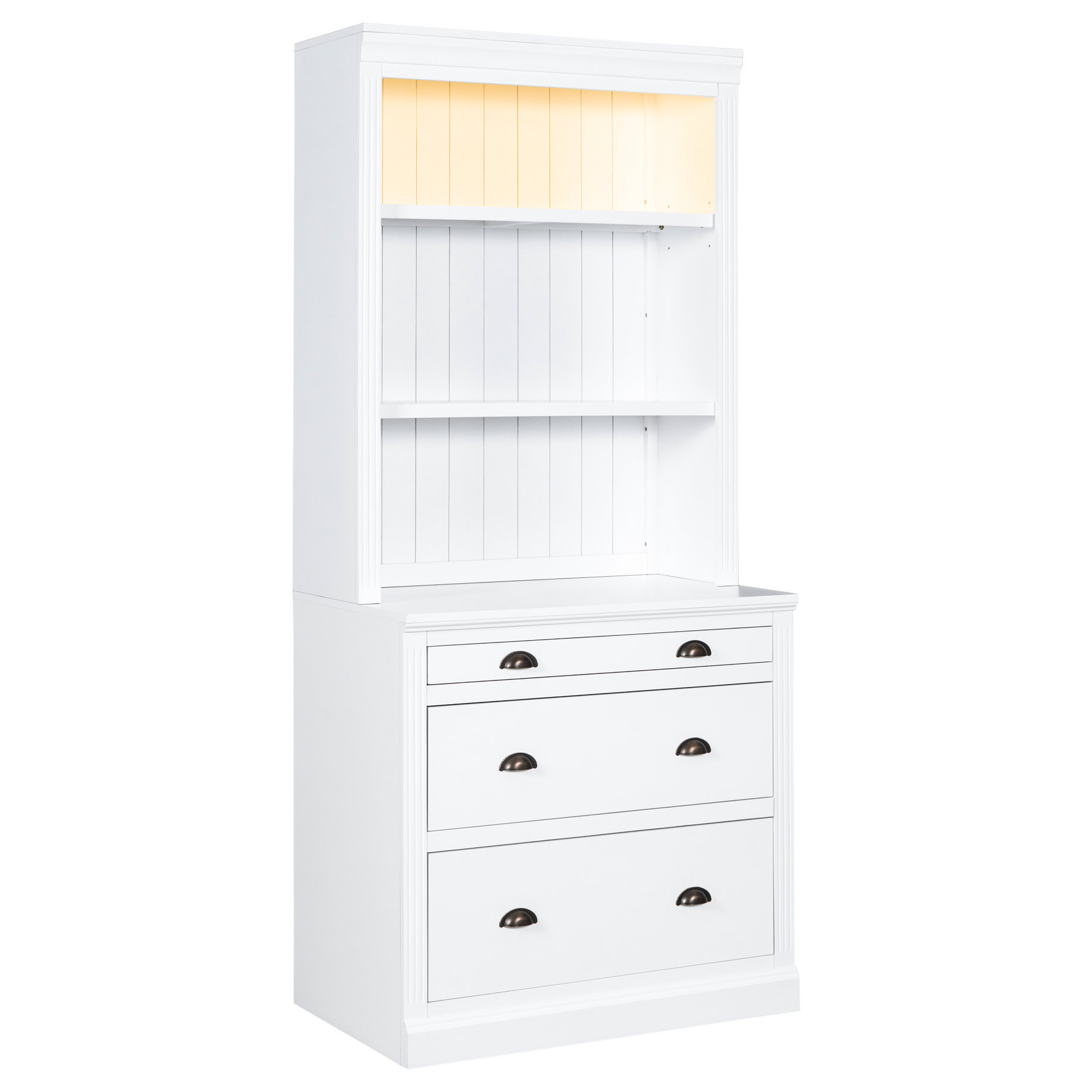 Banior Tall White Bookshelf With Led, 3 Drawers And Open Shelves, For ...