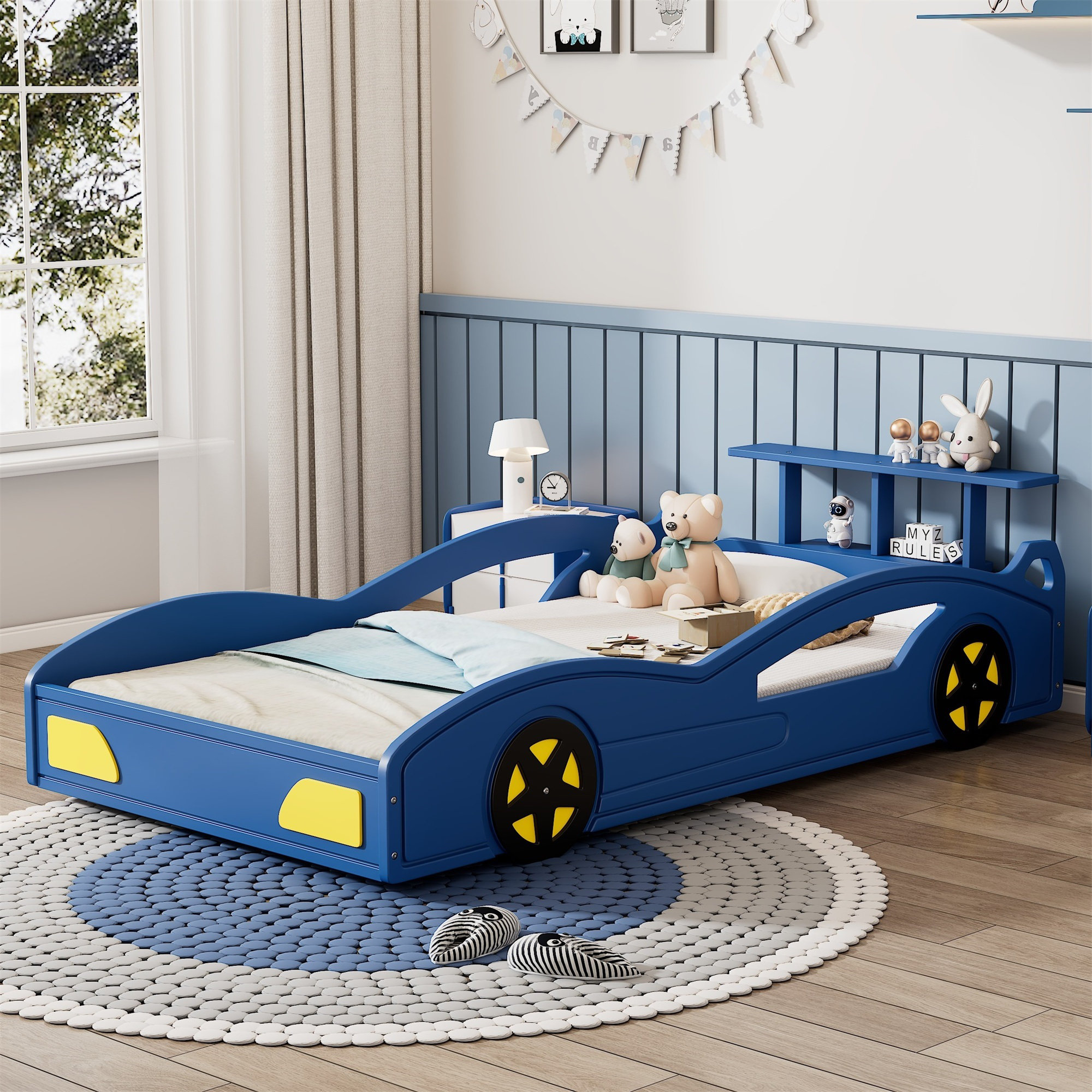 Ivy Bronx Wooden Race Car Twin Bed with Storage Shelf, Car-Shaped ...