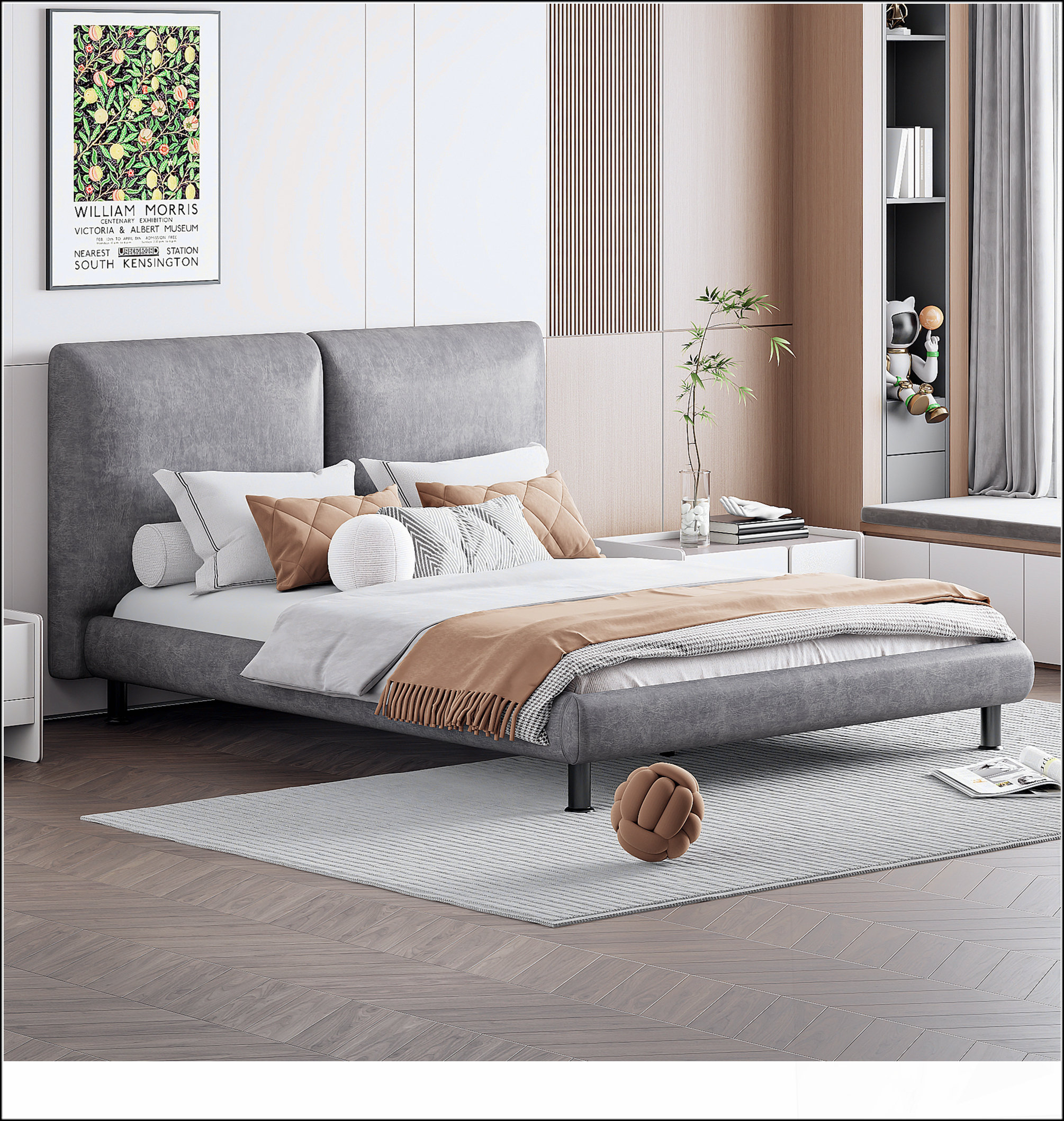 Ebern Designs Upholstered Platform Bed With Two Large Headrests For ...