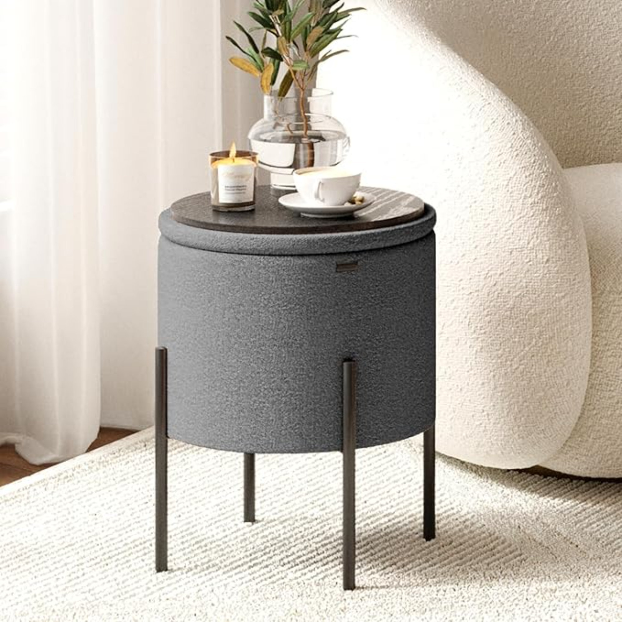 Ebern Designs Round Ottoman With Storage, Boucle Storage Ottoman, Foot ...