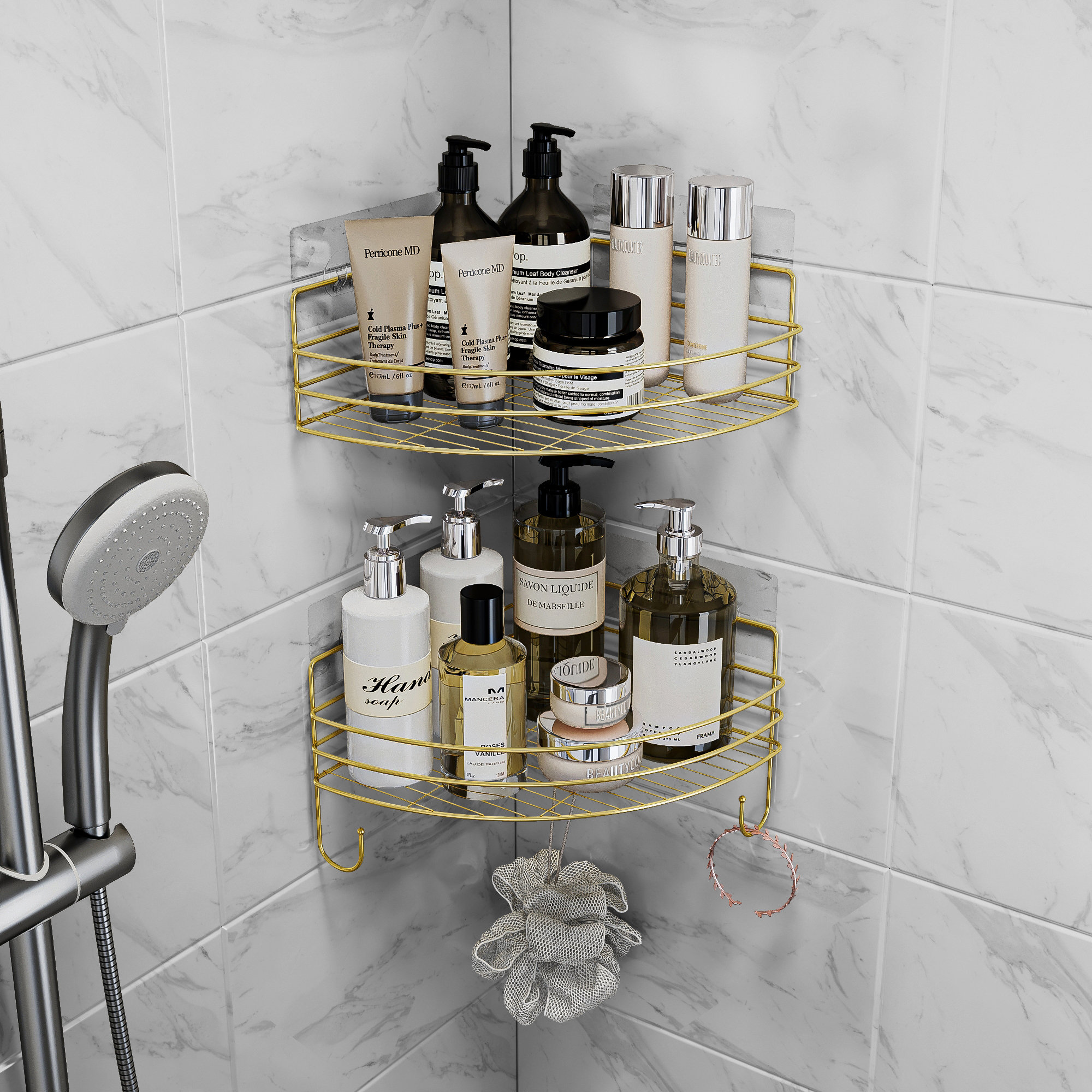 Rebrilliant Gold Corner Shower Shelves with 4 Hooks, 2-Tier Stainless ...
