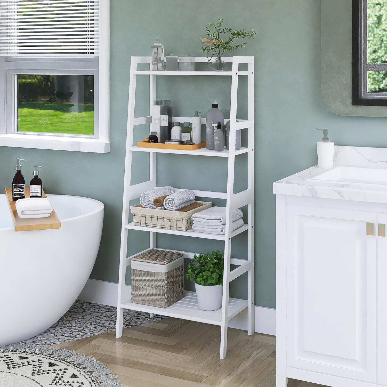 Latitude Run® Bamboo Leaning Ladder Bookshelf - 4-Tier Open Shelves For ...