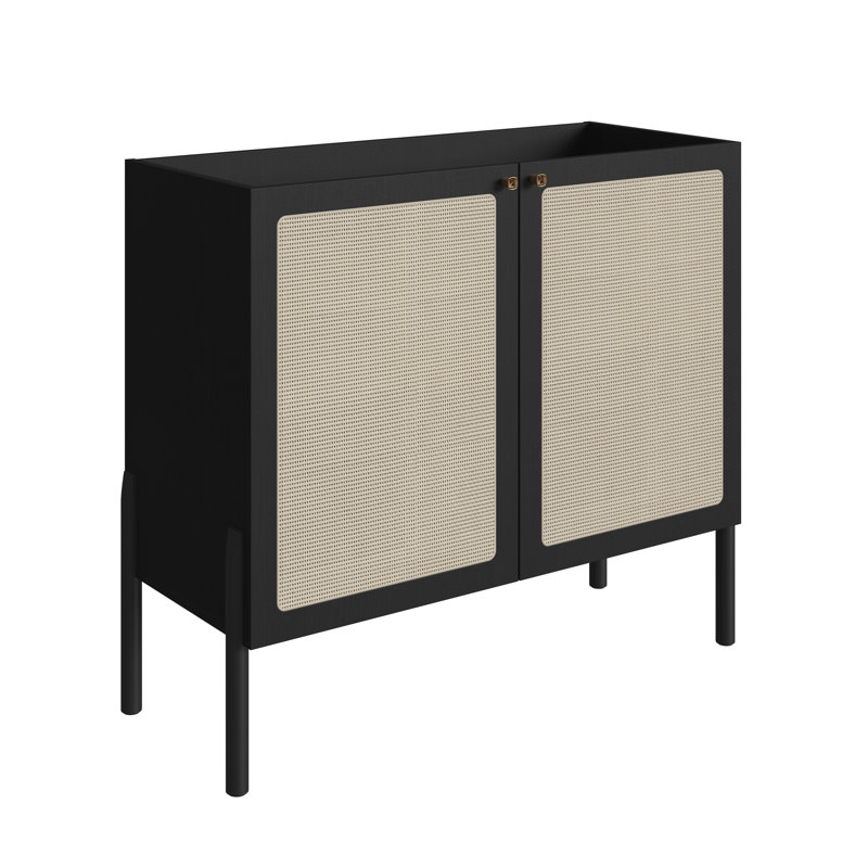Ebern Designs Efran Bar Cabinet Wood Leg 2 Rattan Accent Door Sideboard ...