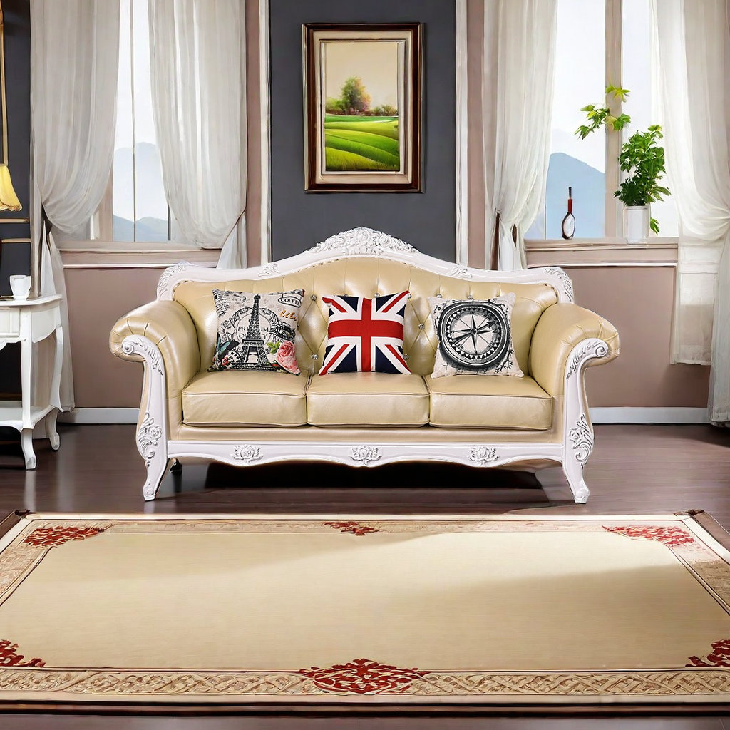 Romero European-style Solid Wood Carved Leather Sofa 85.8'' Genuine ...