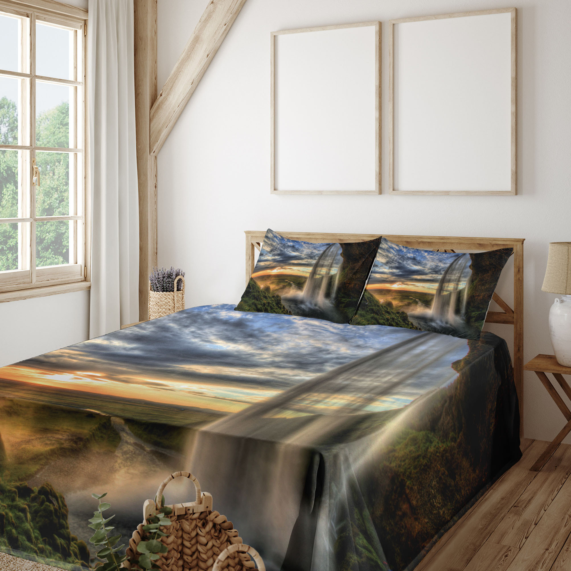 Ambesonne Waterfall Sheet Set Nature Adventure Cloudy Blue Salmon Army ...