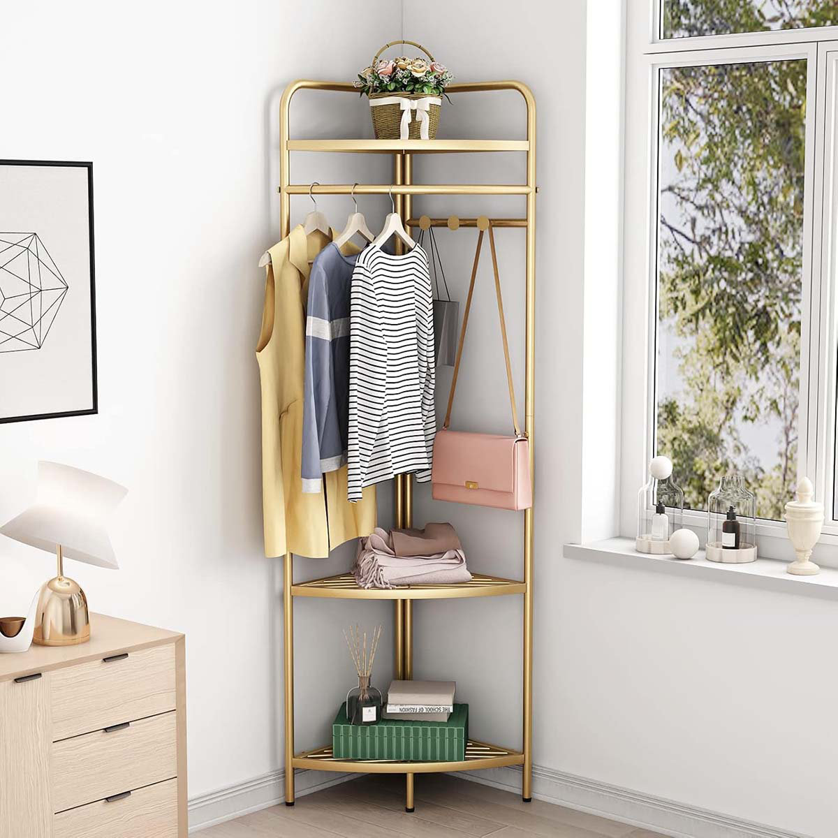 Latitude Run® Corner Gold Clothing Racks Freestanding, Gold Metal Coat ...