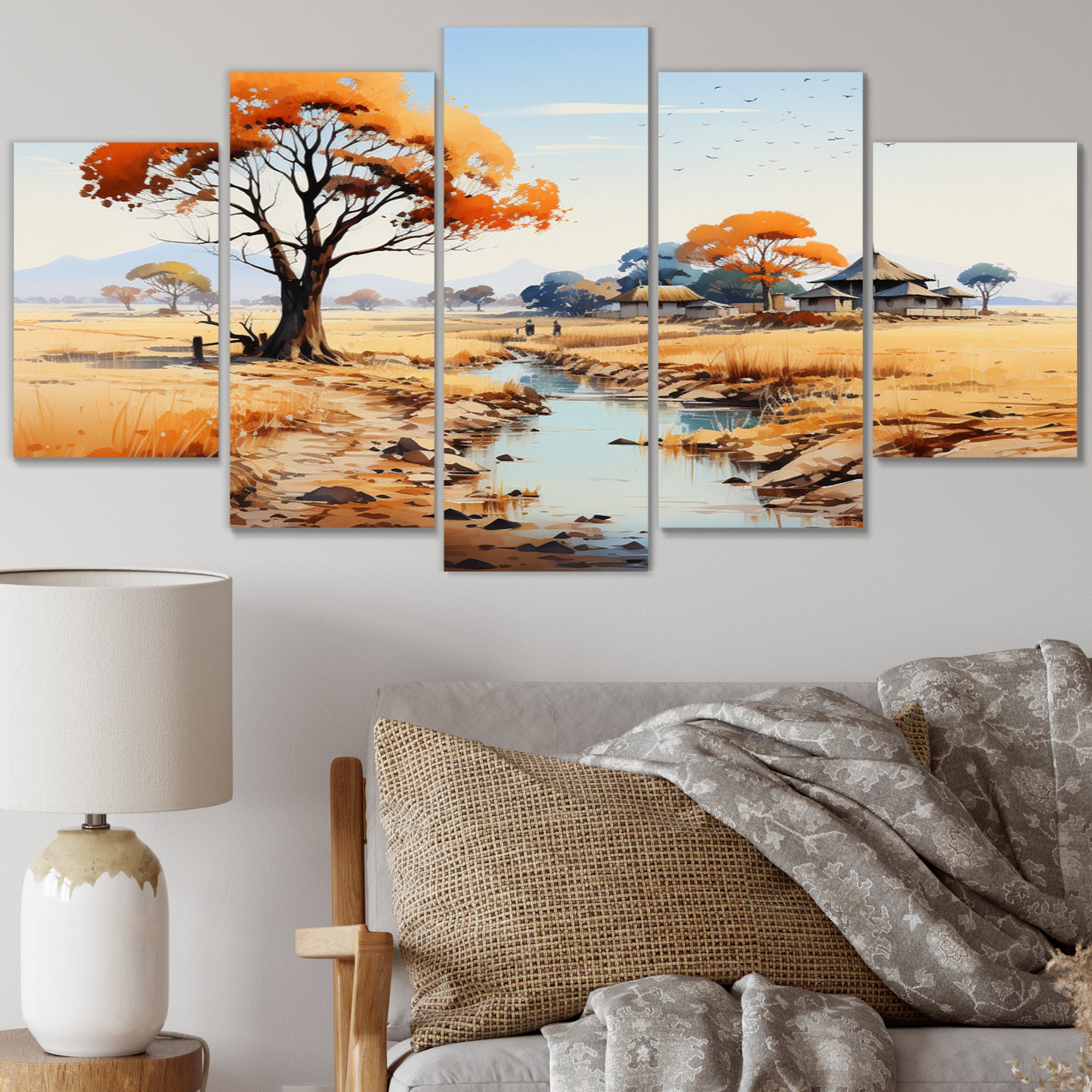 Design Art Orange Beige African Village Visions I - Africa Metal Wall ...