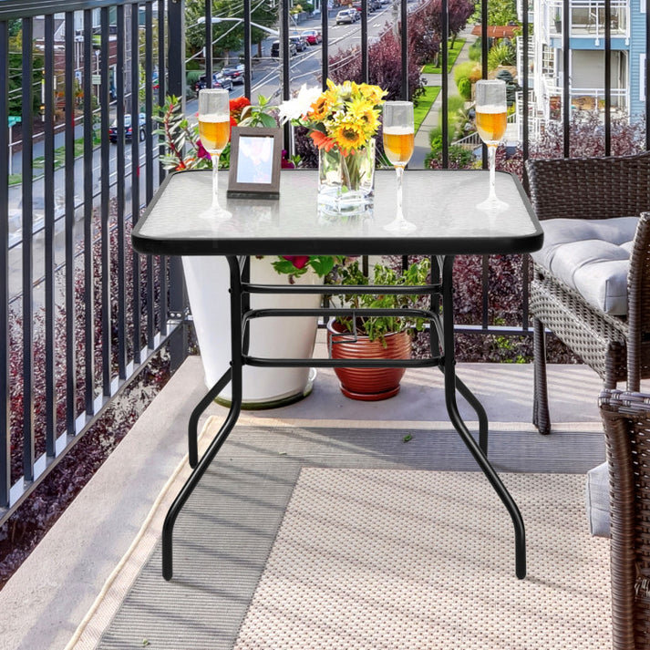 Lark Manor 32 Inch Patio Tempered Glass Steel Frame Square Table | Wayfair