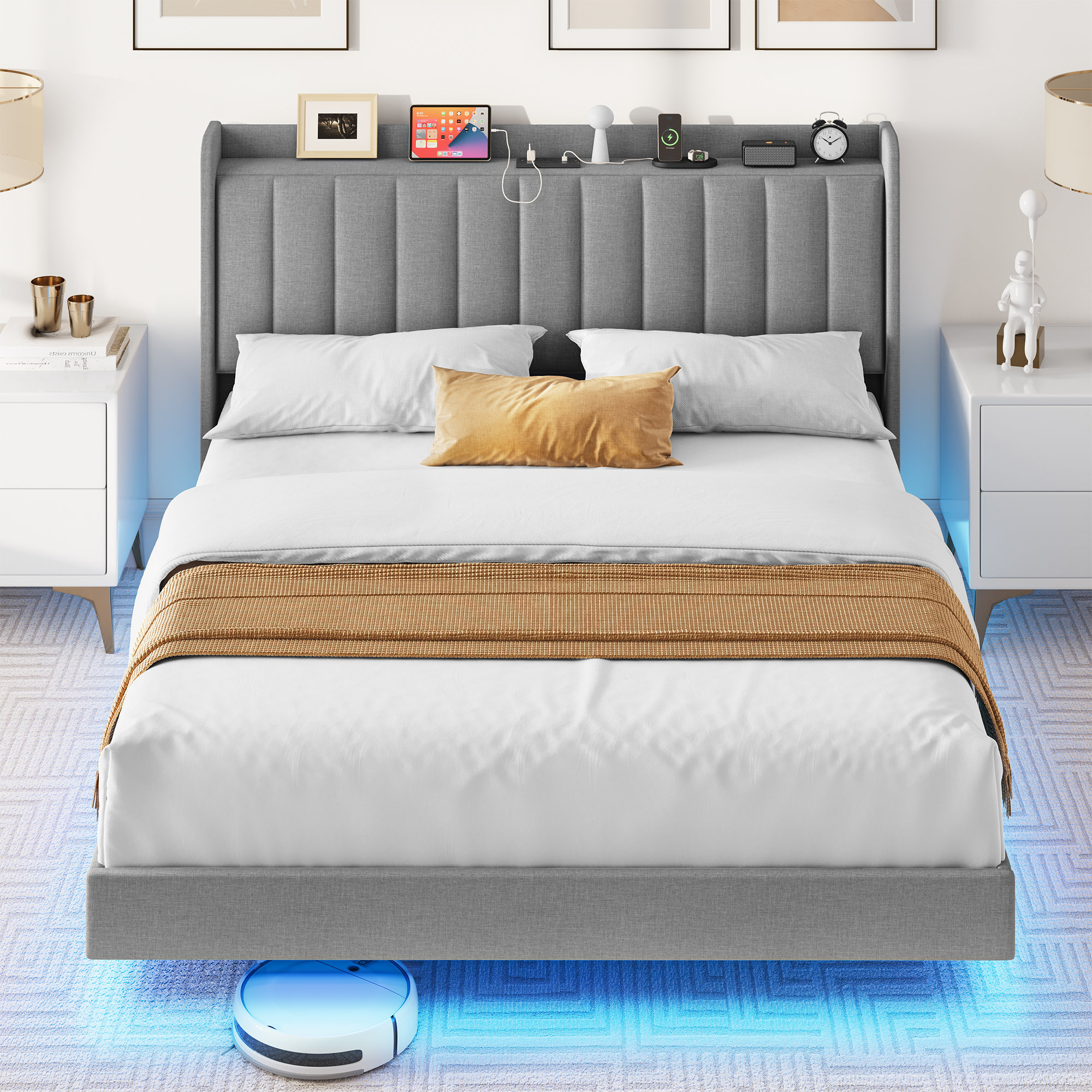 Wade Logan® Bithia Queen LED Floating Upholstered Platform Bed with ...