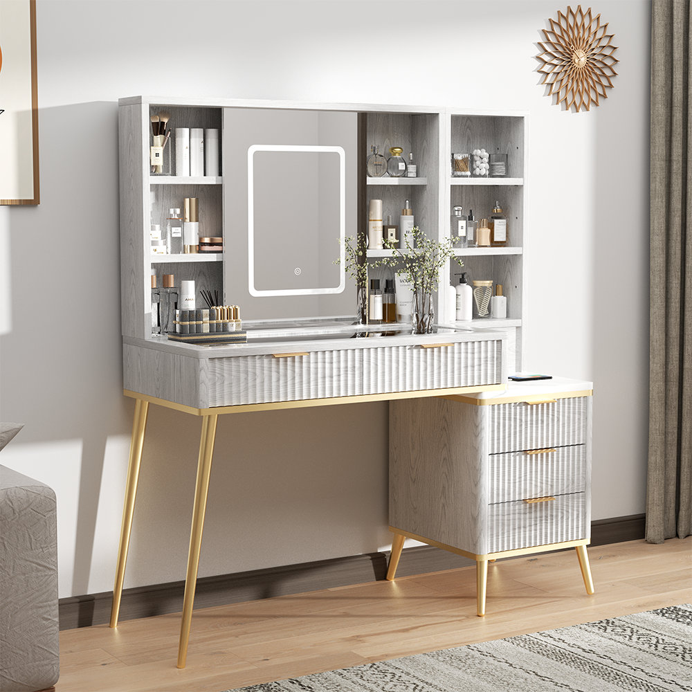 Mercer41 Fluted Makeup Vanity Desk With Sliding Hd Lighted Mirror ...