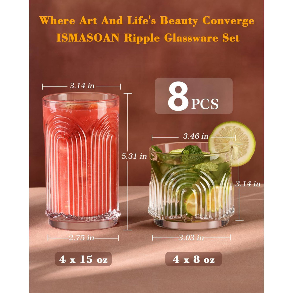 Latitude Run® Arch Design Drinking Glasses Set Of 8, 15 Oz Highball ...