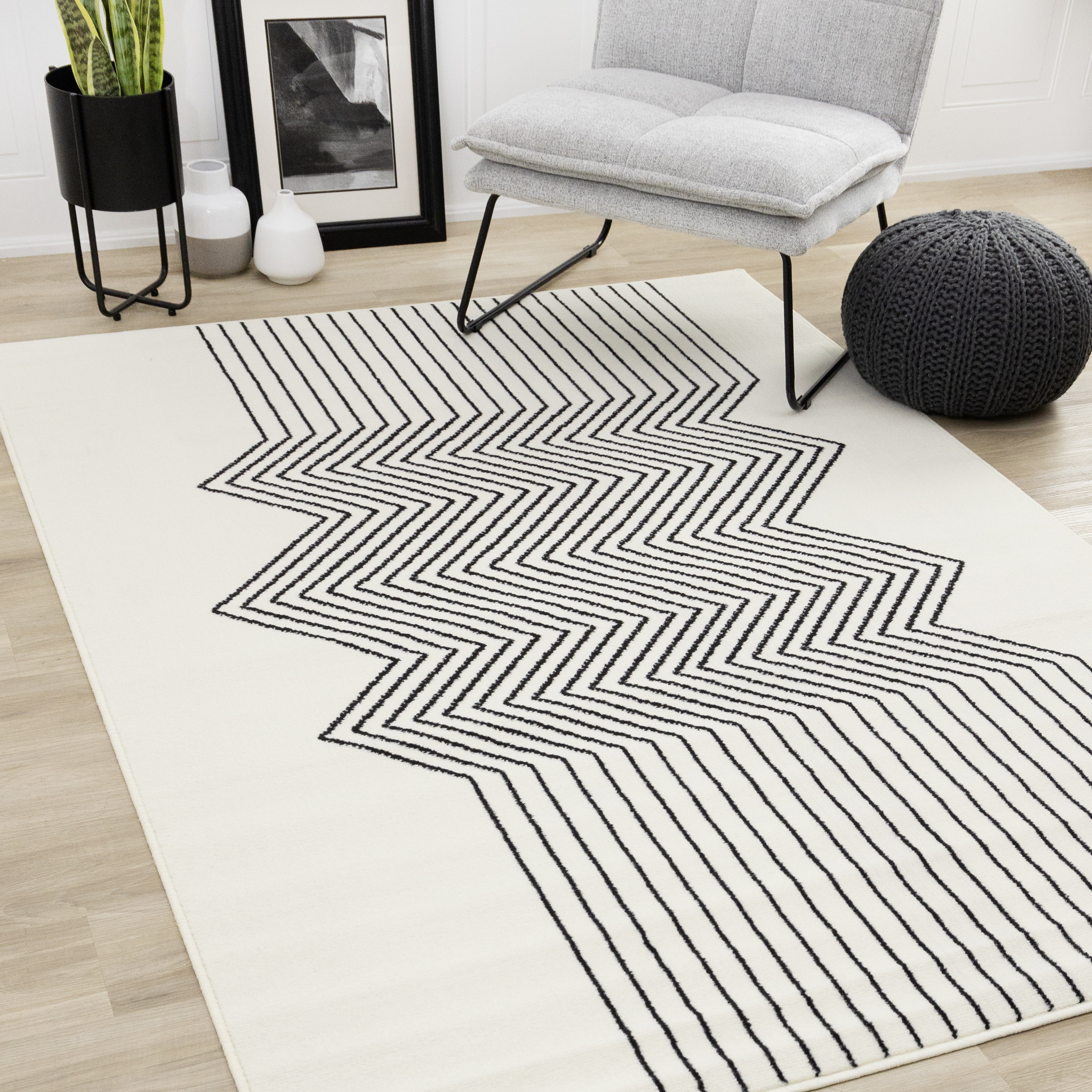 Brayden Studio® Fresno Cream Black Parallel Lines Area Rug | Wayfair