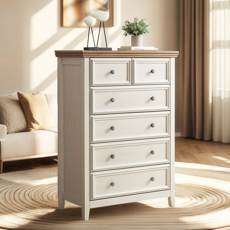 August Grove® 6 Drawer Dresser In Distressed Beige, Vintage American ...